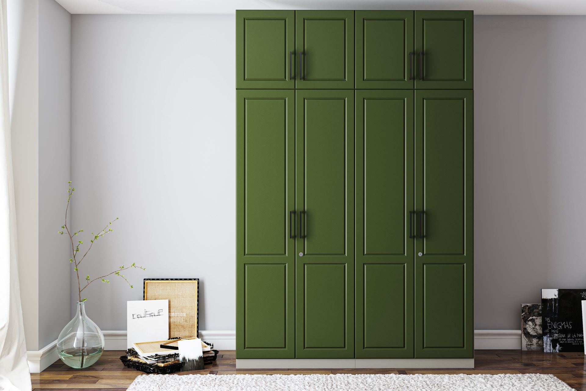 Spacious Classic 4-Door Wardrobe Design in Bold Deep Green Finish ...