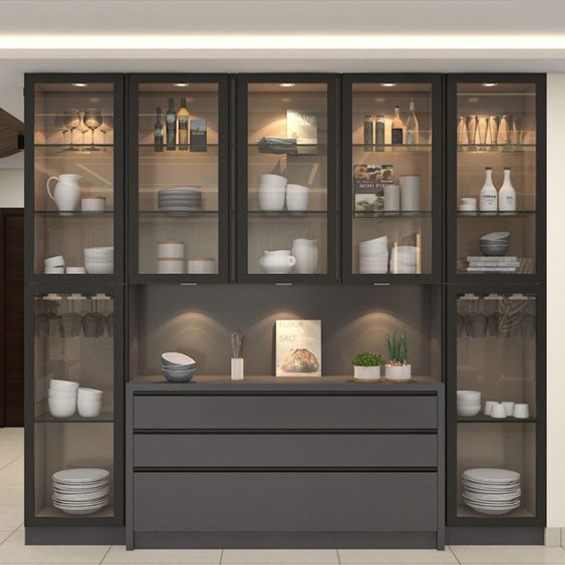 Contemporary Slate Crockery Unit Design with Glass Display and ...