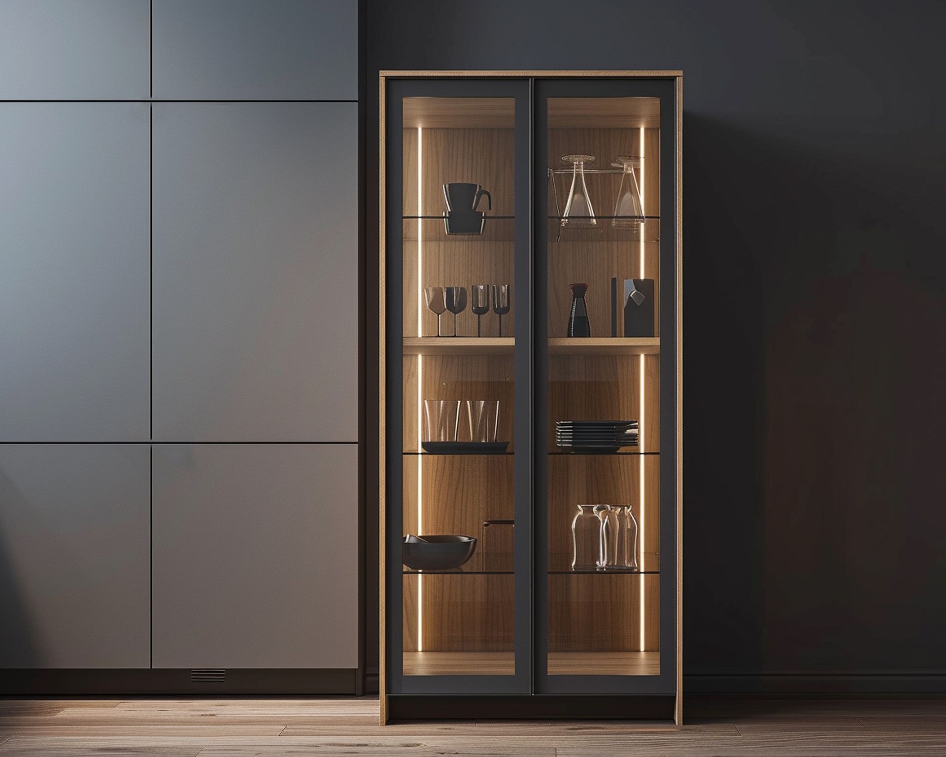 Modern Black Crockery Unit Design with Tall Unit with Glass Shutters ...