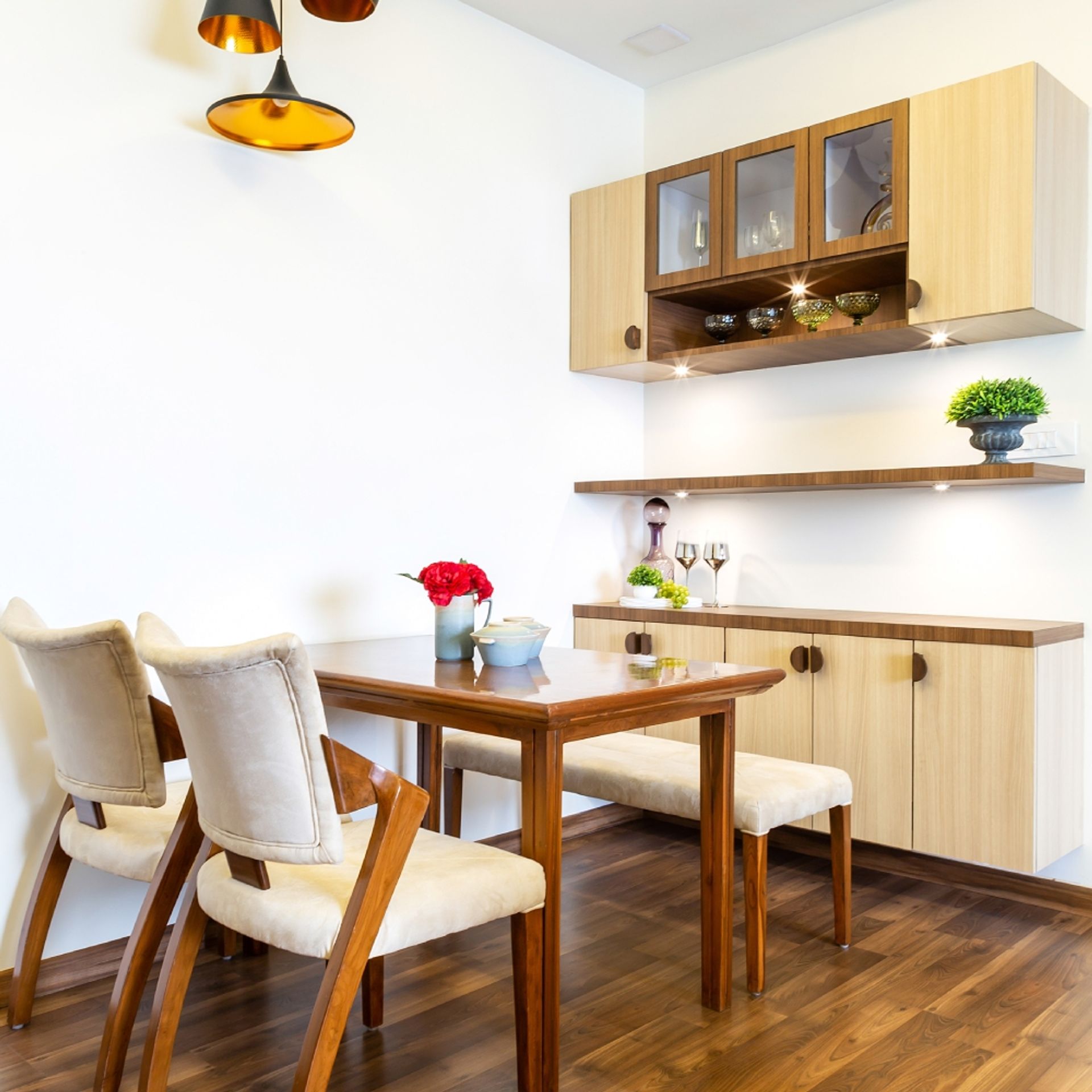 Mid-Century Modern Crockery Unit Design in Suede Finish with Open and ...