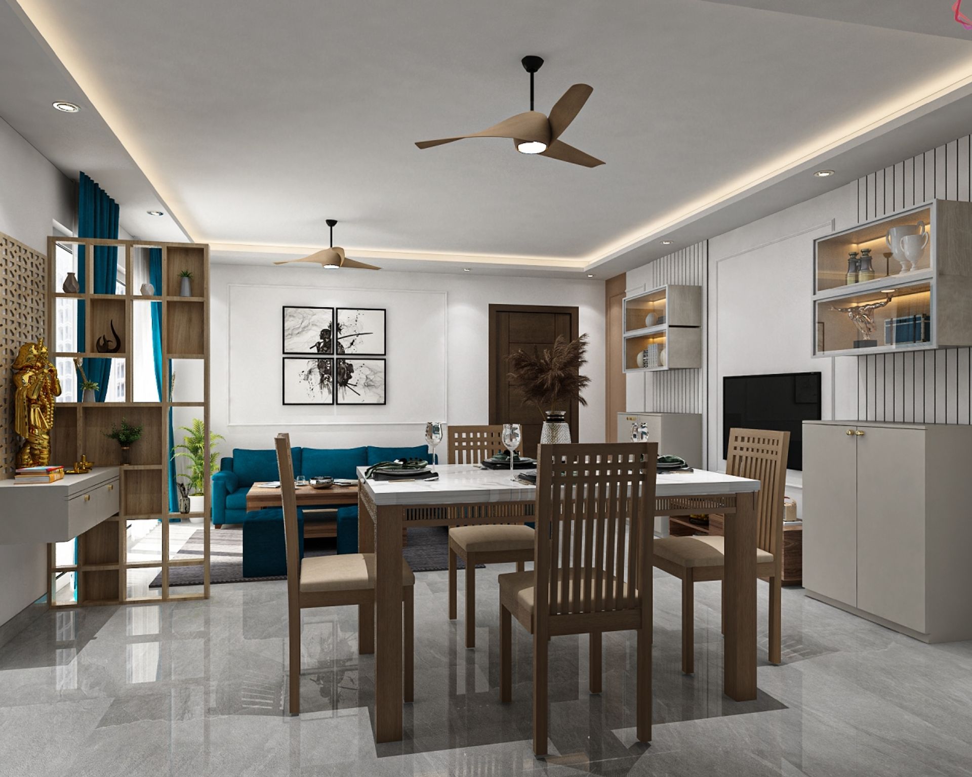 Compact Modern Dining Room Design with Marble Table, Wooden Accents and ...