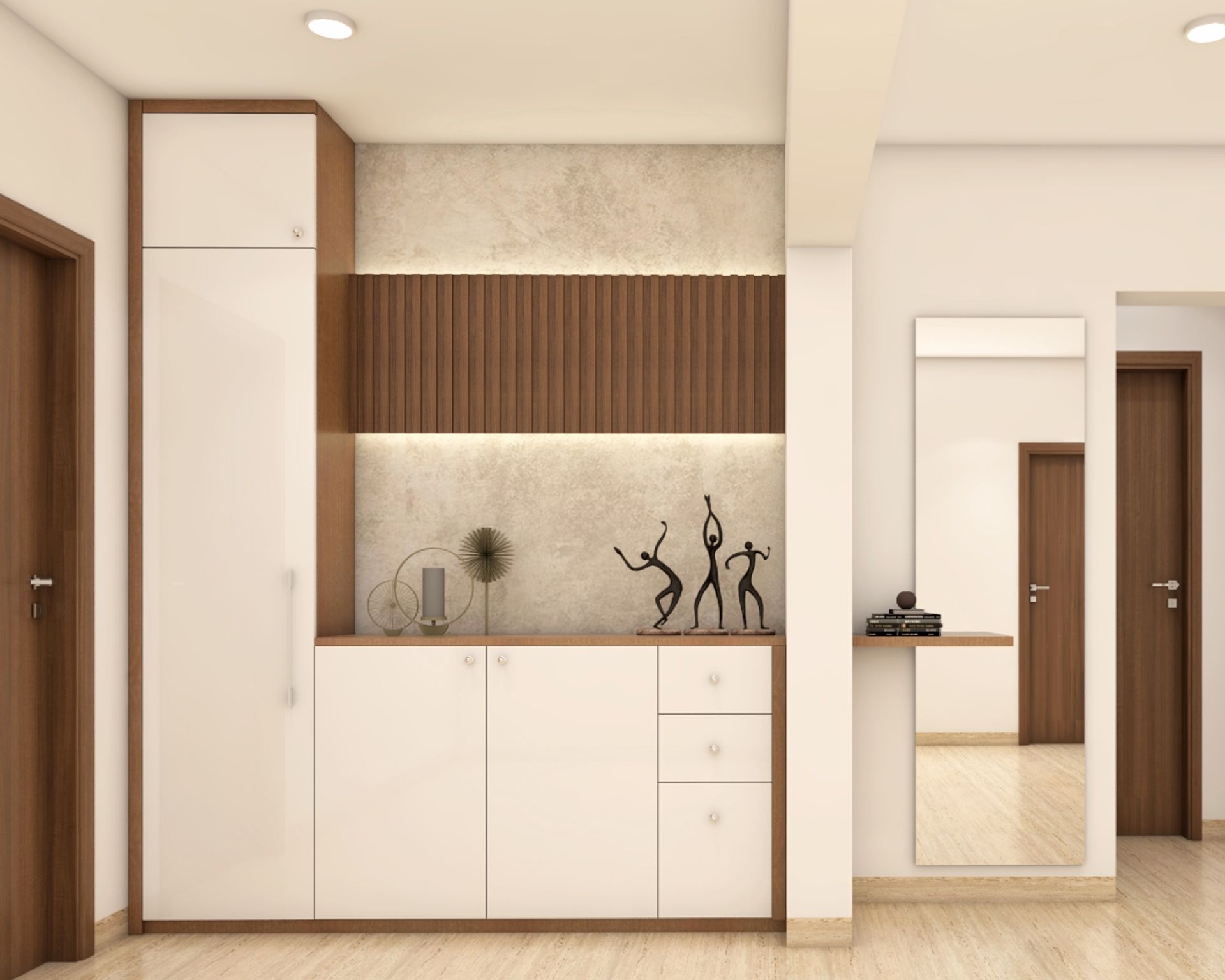 White and Bronze Modern Foyer Design with Tall Storage Units and Accent ...