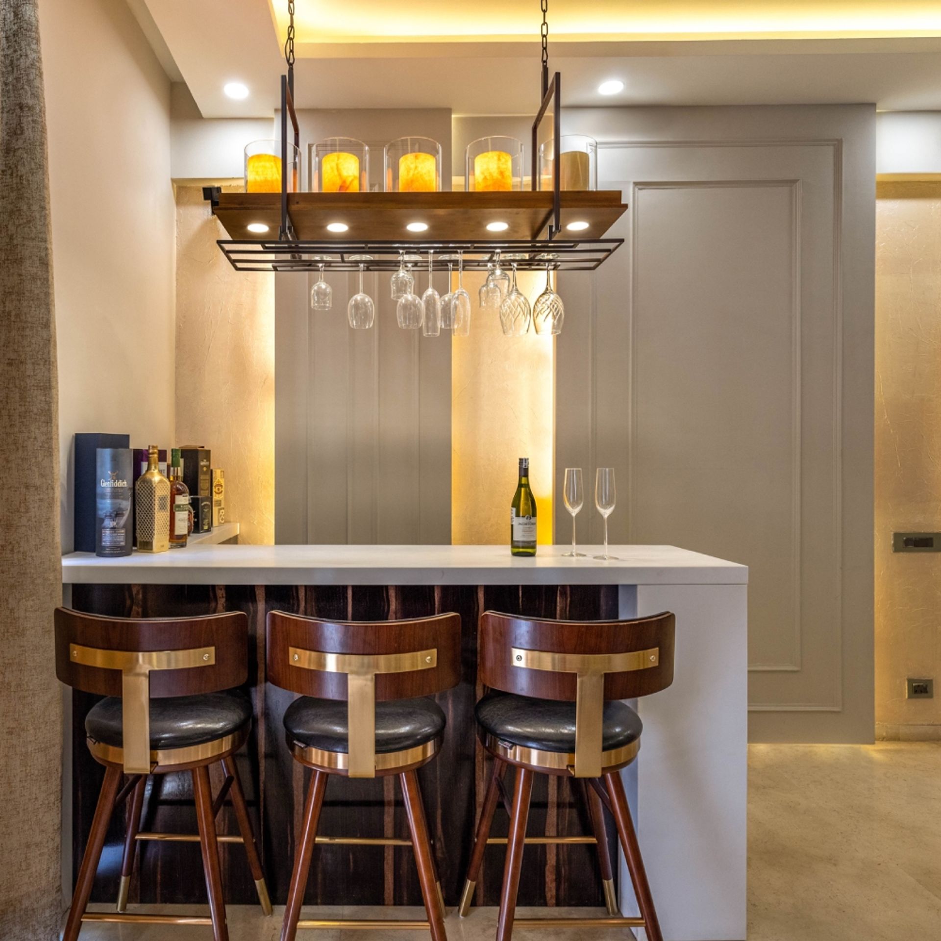 Contemporary Home Bar Unit Design Featuring L-Shaped Counter and Open ...