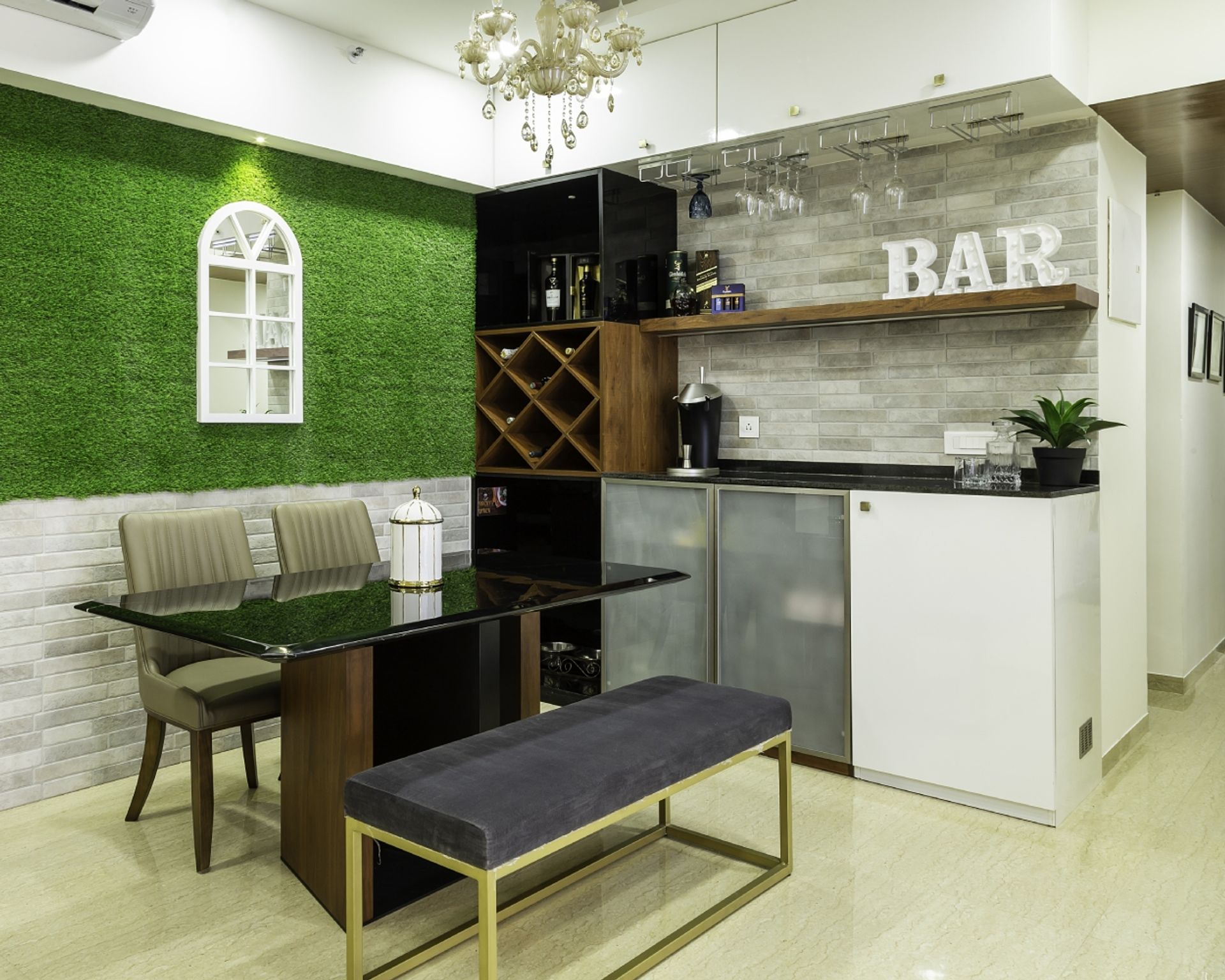 Contemporary Home Bar Design with Open Wine Racks and Upside Down Glass ...