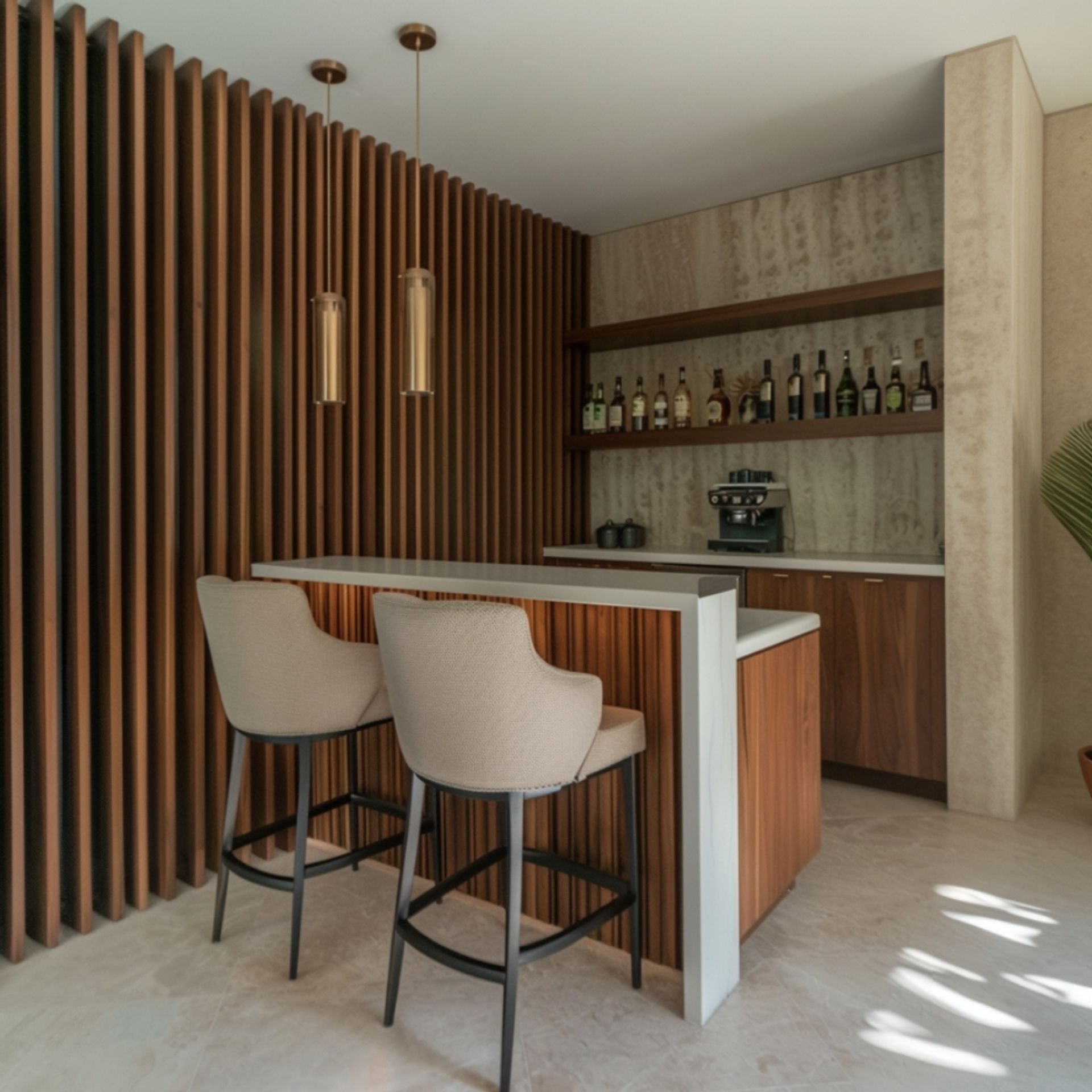 Contemporary Home Bar Design with Persian Walnut Units and Open Wooden ...