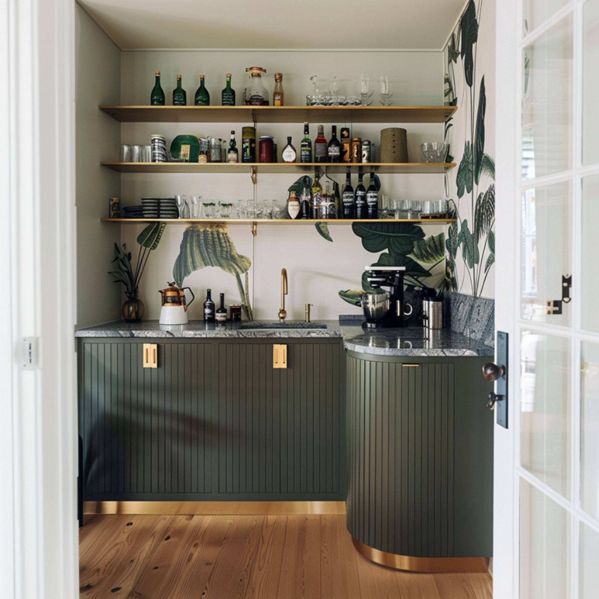 Contemporary Home Bar Design with Open Brass Shelves and Autumn Leaf ...