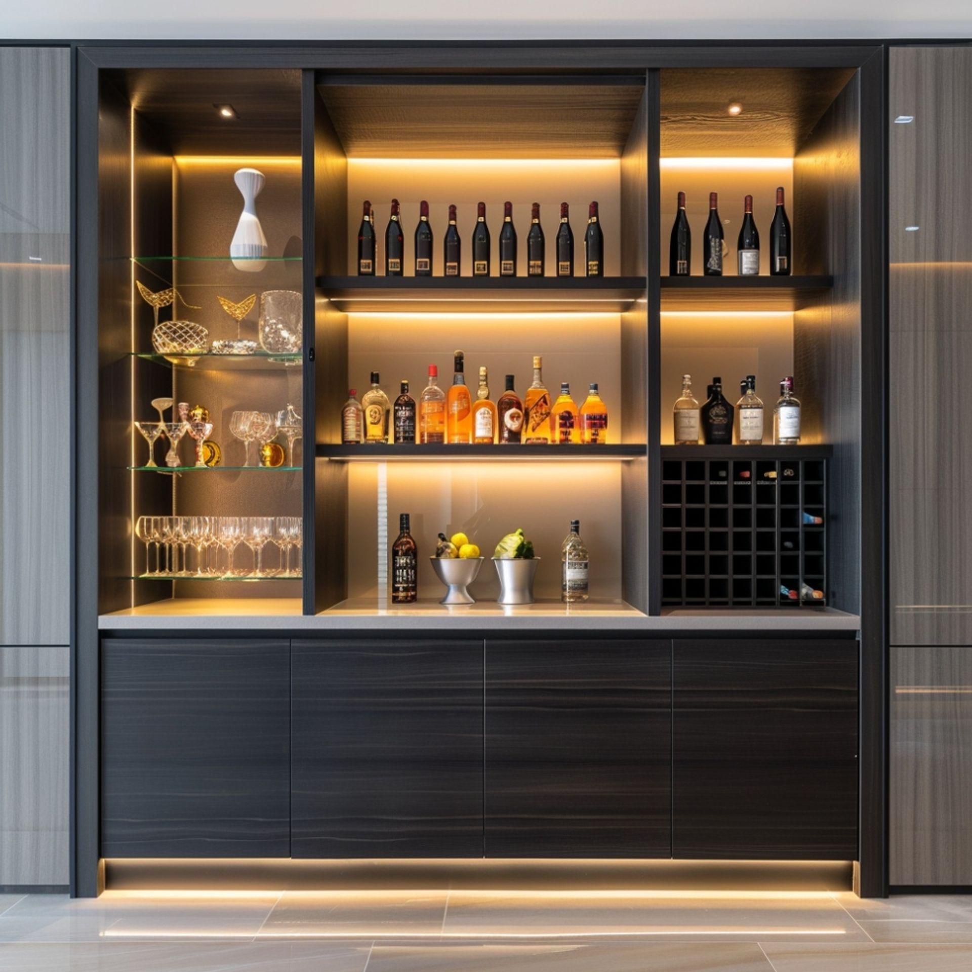 Modern Home Bar Design with Cabinets, Glass Racks and Wine Shelf | Livspace