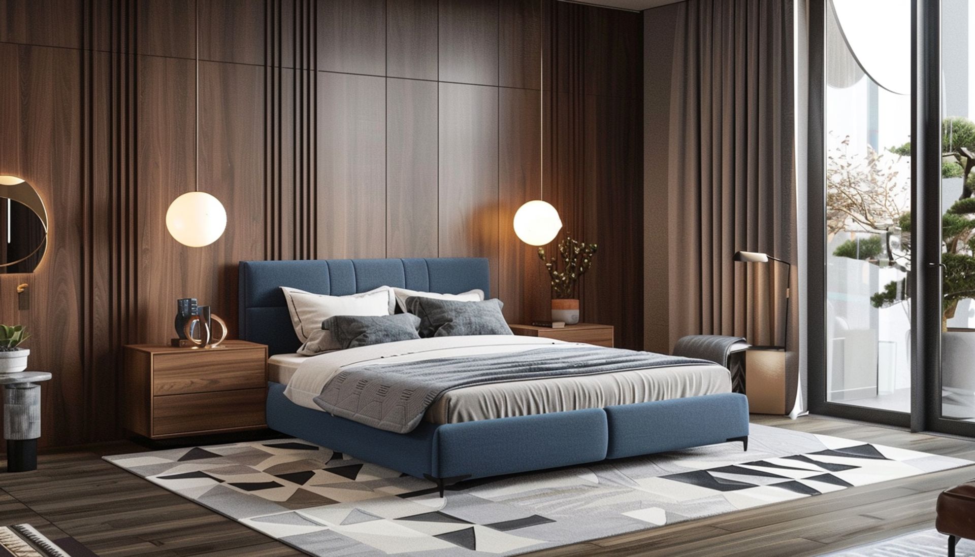 Blue HeadboardKing Bed and Wooden Panels: Contemporary Master Bedroom ...