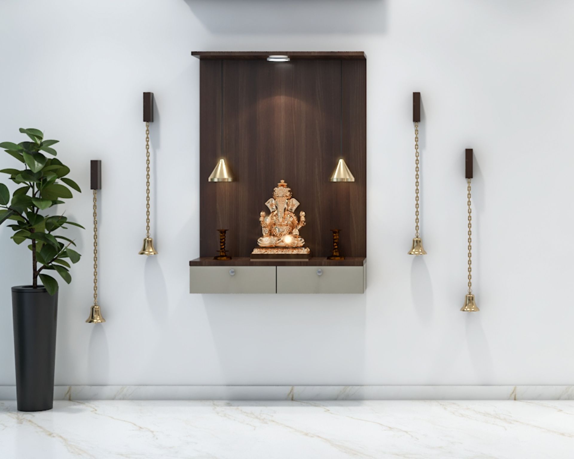 Wall-Mounted Modern Pooja Unit Design in Grey with Brass Bell and ...