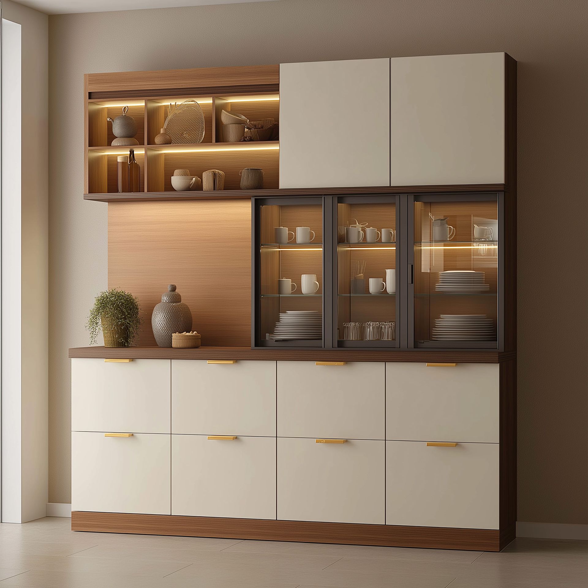 White and Wood Contemporary Crockery Unit Design with Glass Display and ...