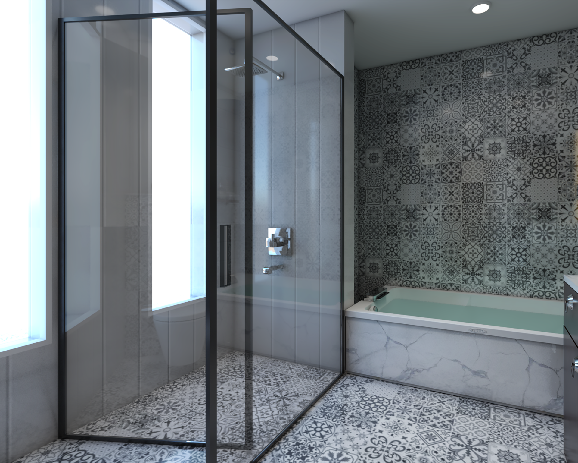 Modern Bathroom with Marble Jacuzzi and Patterned Tiles | Livspace
