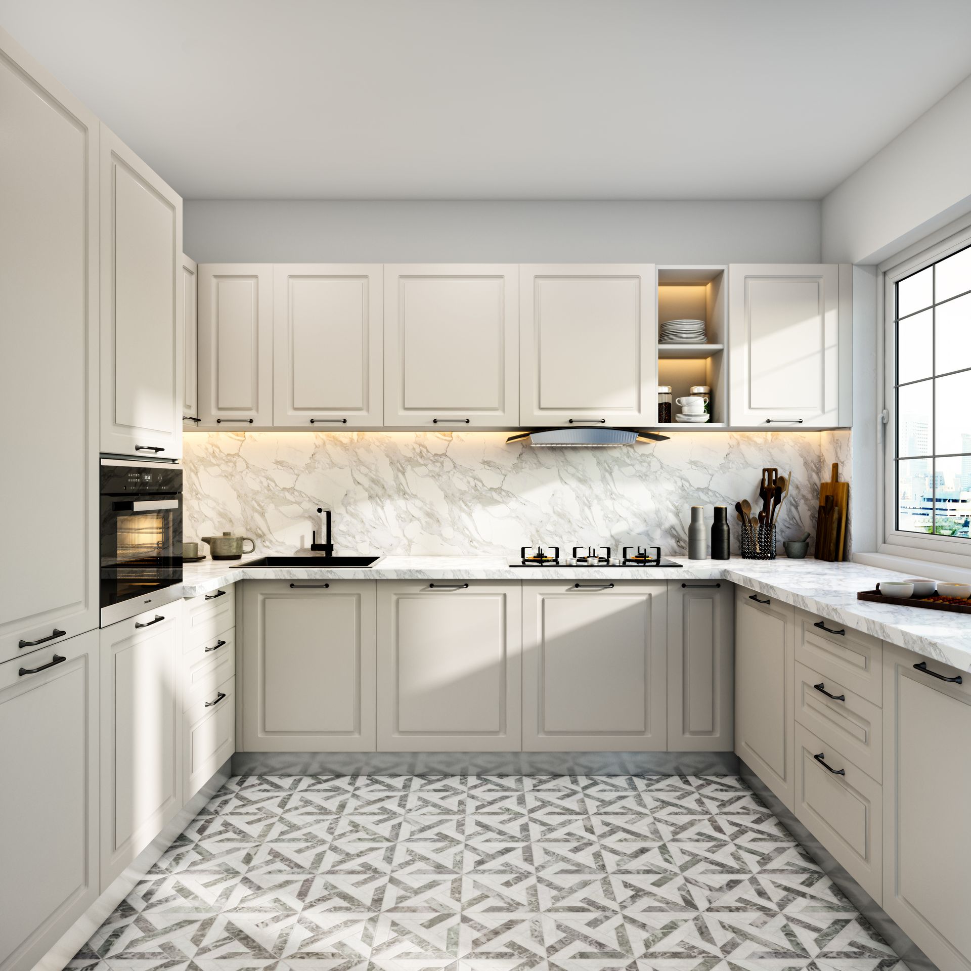 Pure White Kitchen with Ample Cabinets and Patterned White Tiles | Livspace