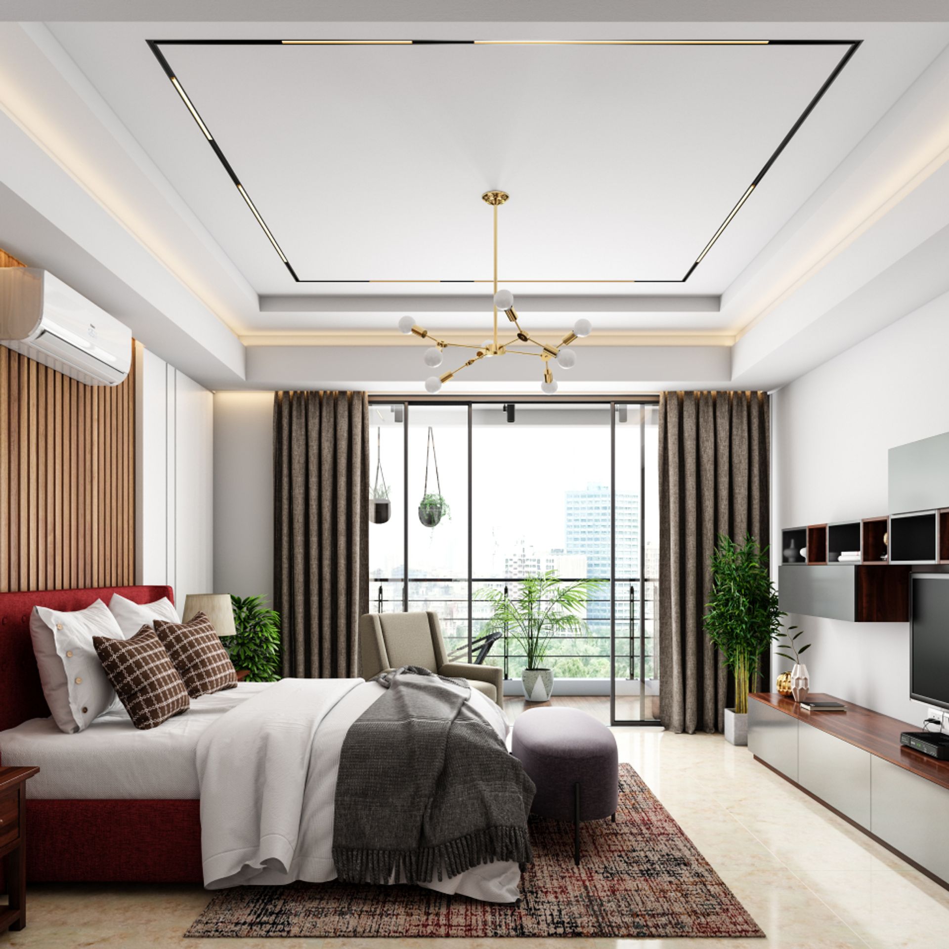 Rectangular Gypsum False Ceiling With A Chandelier | Livspace