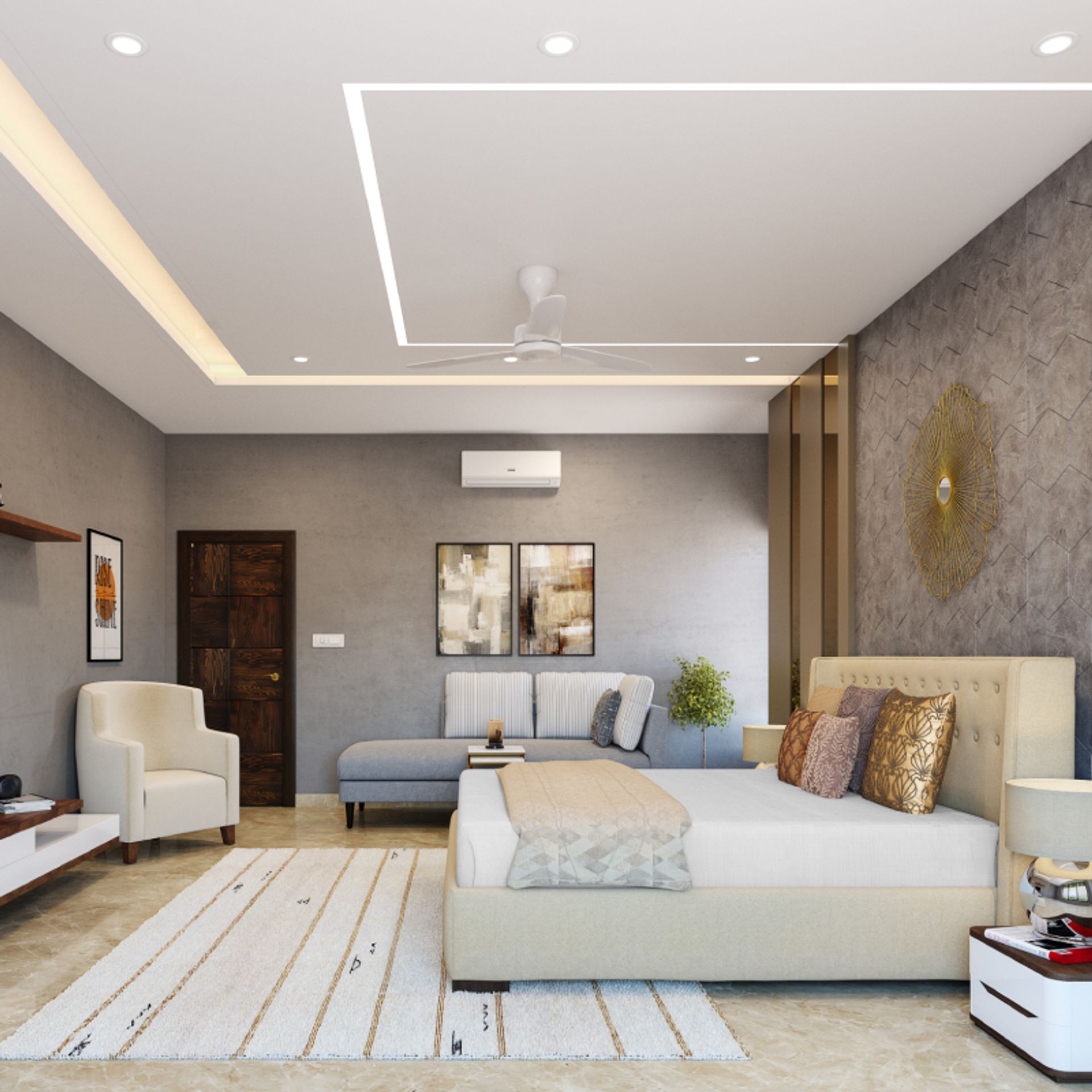 Rectangular Gypsum False Ceiling With Profile Lights | Livspace