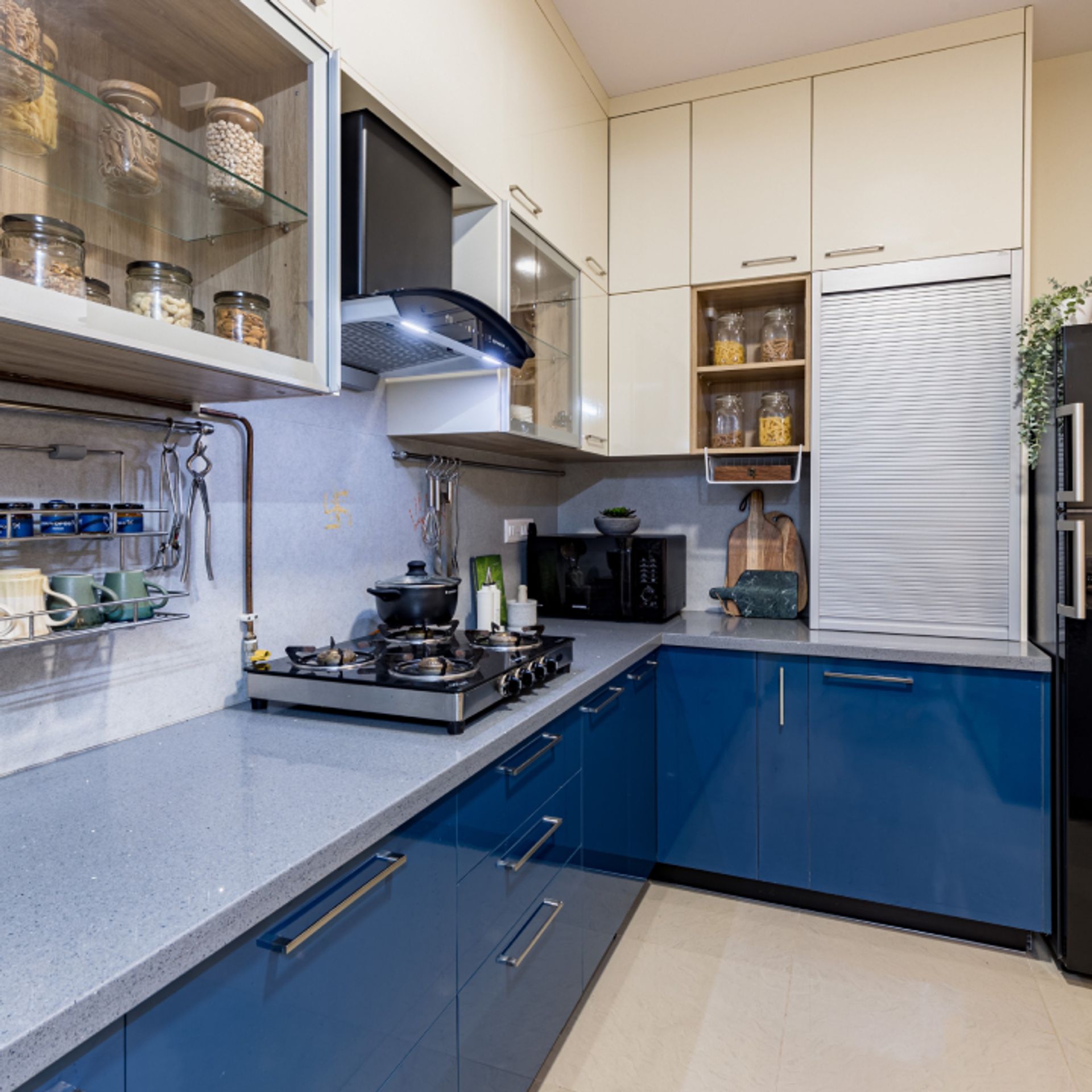 Modular Kitchen Design With Blue And White Cabinets | Livspace