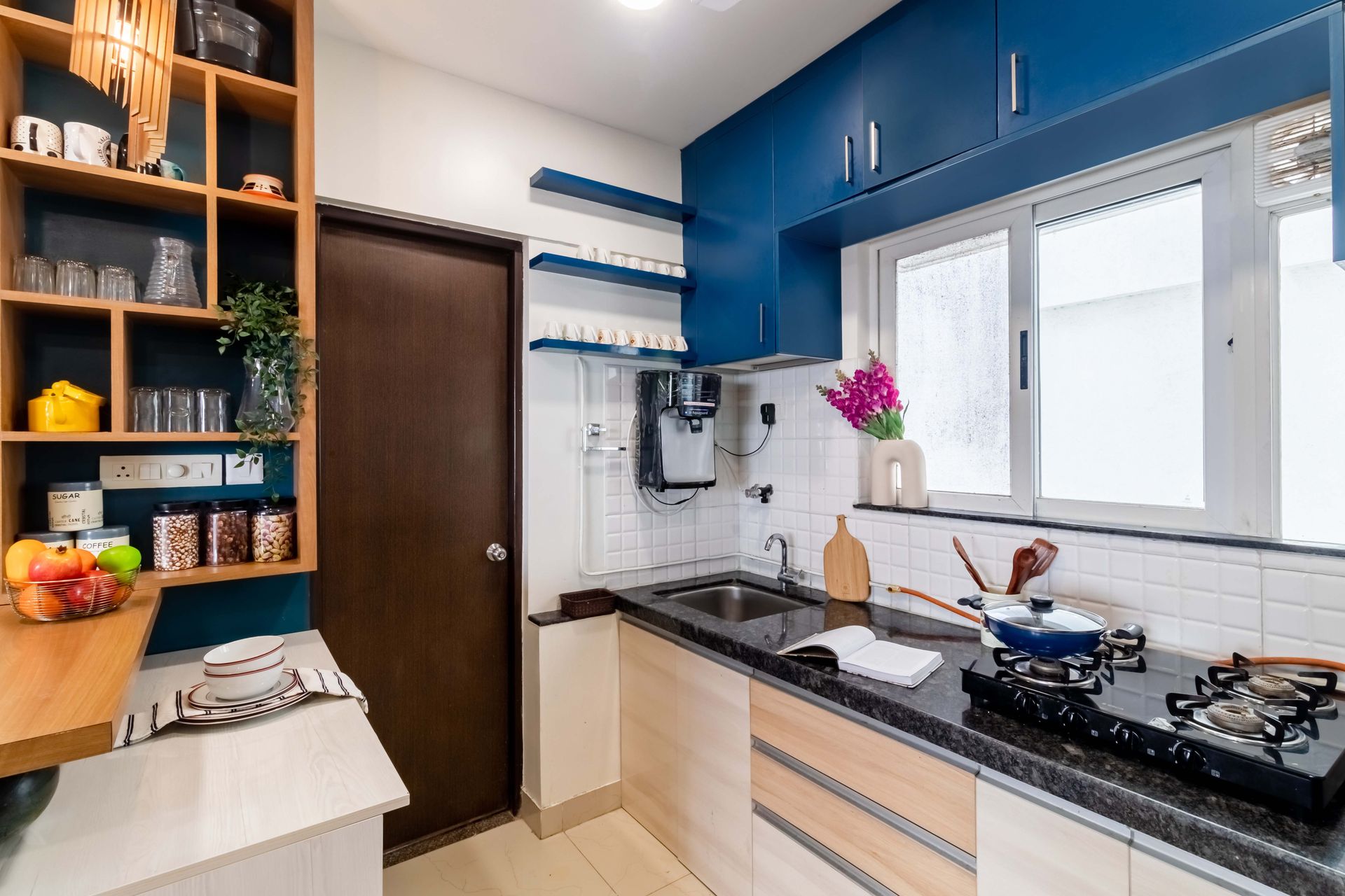 Modular L-Shaped Kitchen Design With Blue Wall And Loft Units - 10x6 Ft ...