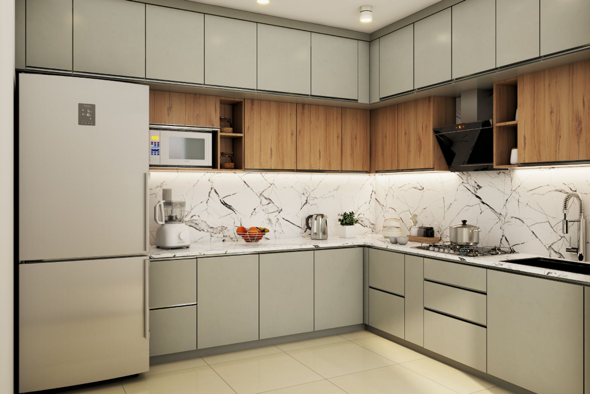 Glossy White Ceramic Tiles Design For Kitchens | Livspace