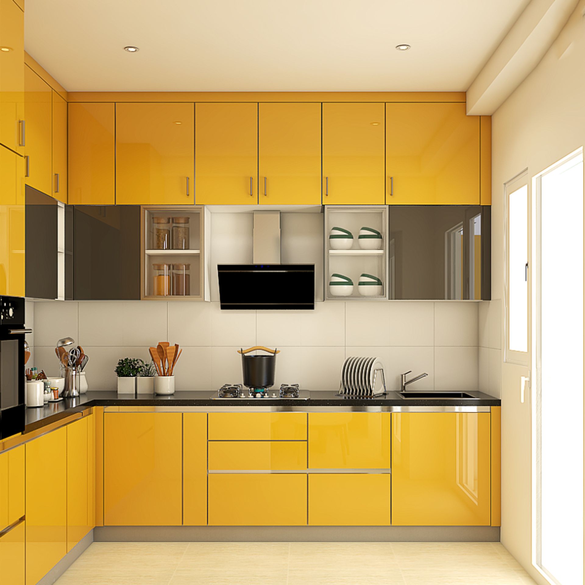 Cream-Coloured Kitchen Tiles Design With A Matte Finish | Livspace