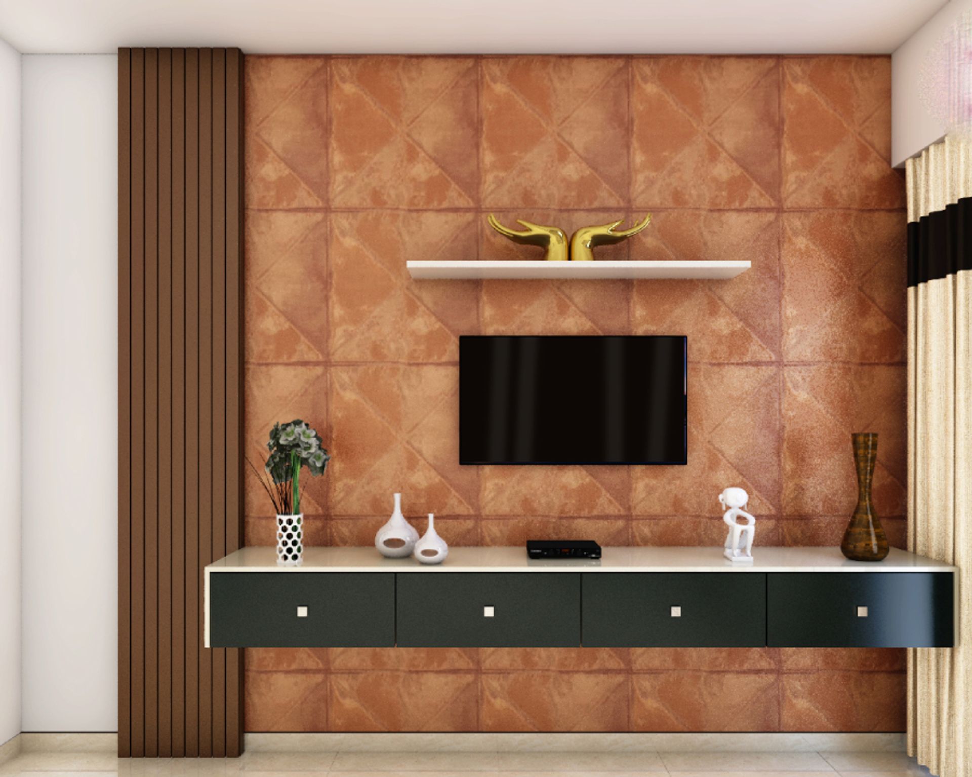 Contemporary Spacious TV Unit With Rustic Wallpaper | Livspace