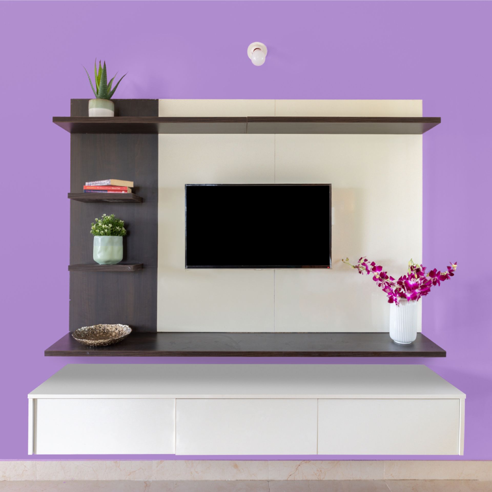 Spacious TV Unit Design With Frosty White Base Unit | Livspace