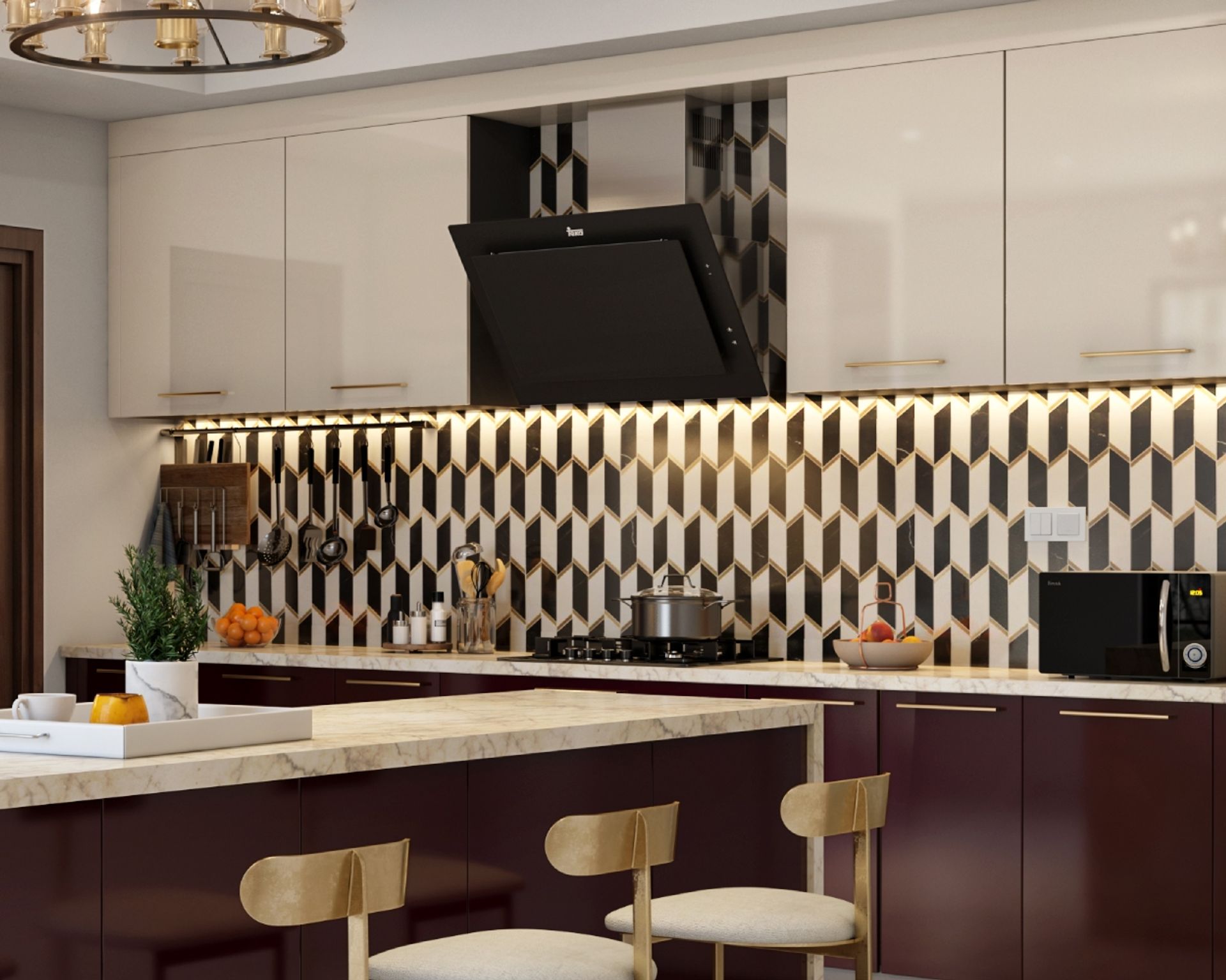Ceramic Black And White Tile Wall For Kitchen | Livspace