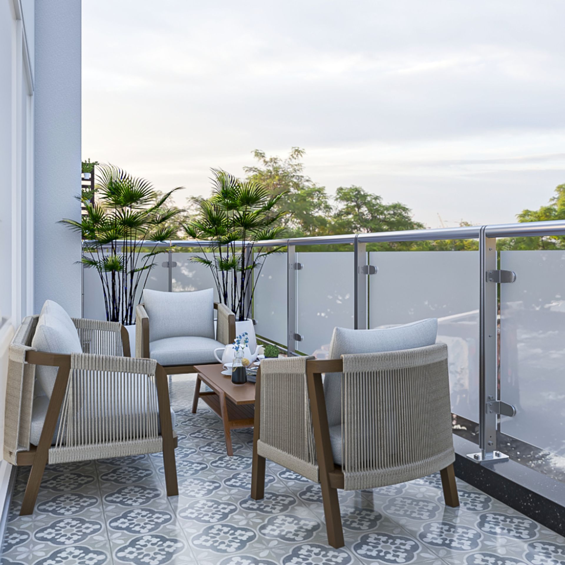 Balcony Design With Three Grey And Rattan Chairs With Moroccan-Styled ...