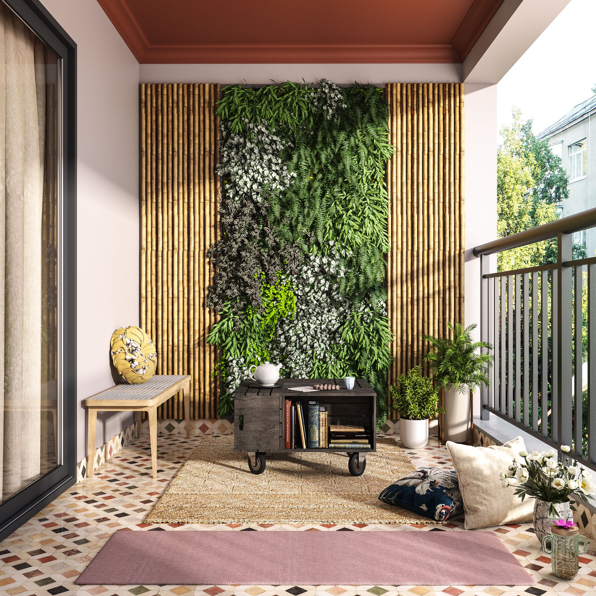 Balcony Design With Diamond-Patterned Flooring Tiles And Wooden ...