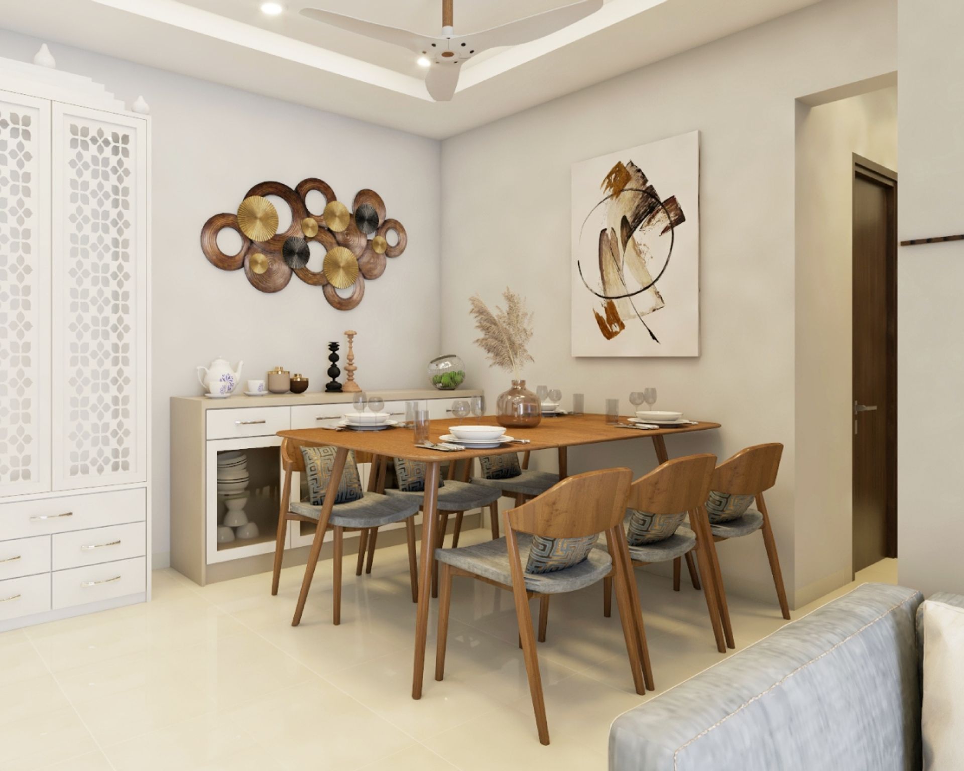 6-Seater Grey And Wood Dining Room Design With White And Beige Crockery ...