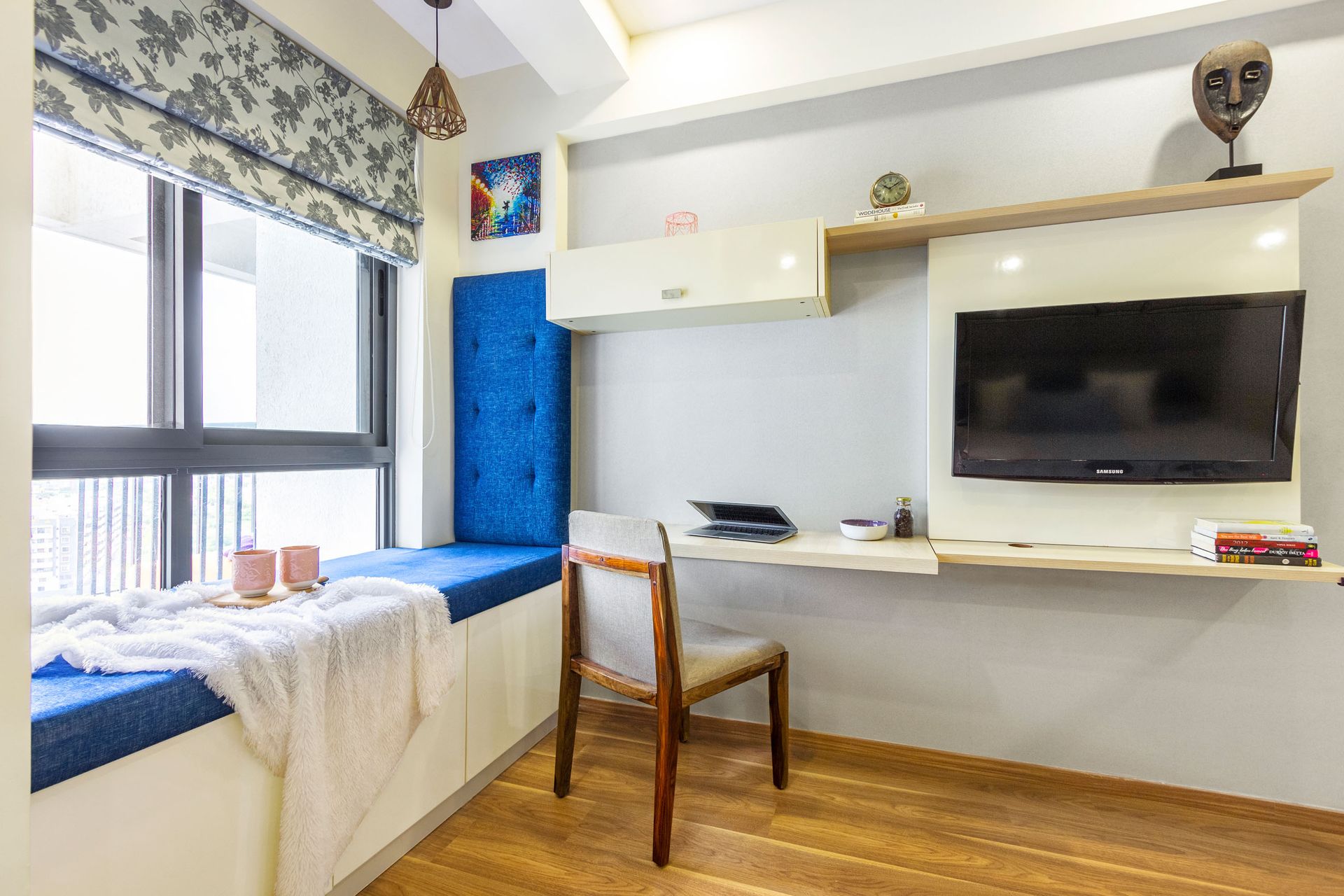 Bangalore 2-BHK Apartment Interior Design With Wood And Blue U-Shaped ...