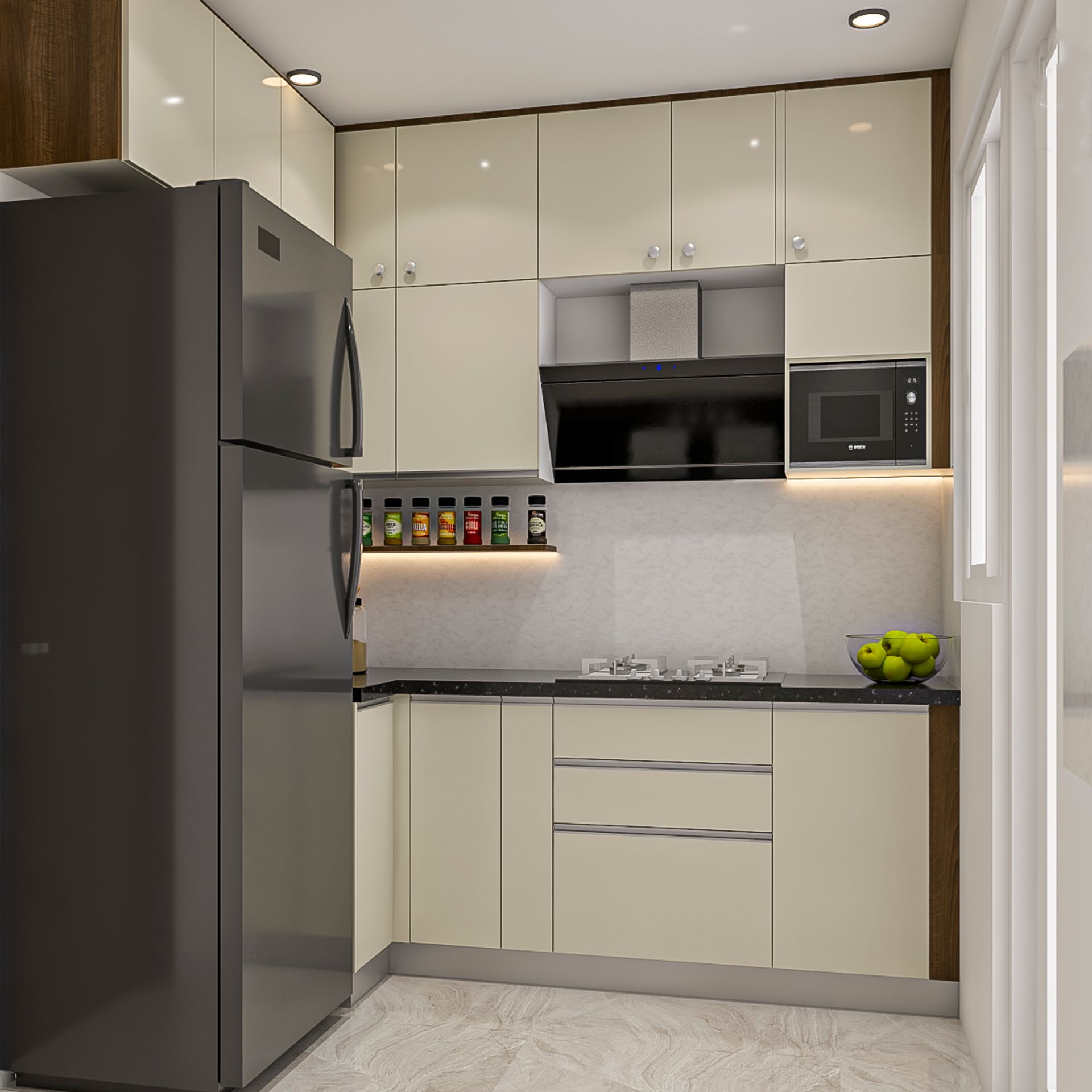 Cream And Wood Glossy L-Shaped Modular Kitchen Design | Livspace