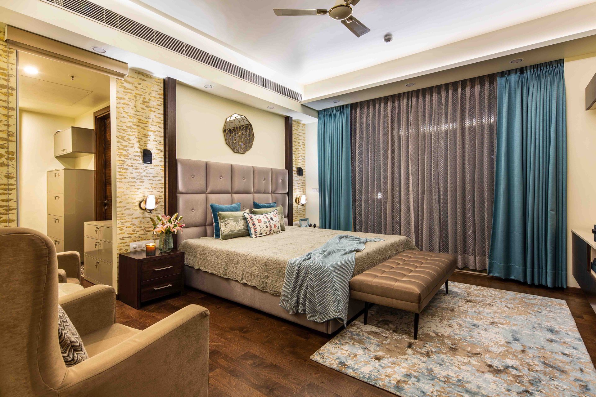 Classic Master Bedroom Design with Grey Headboard | Livspace