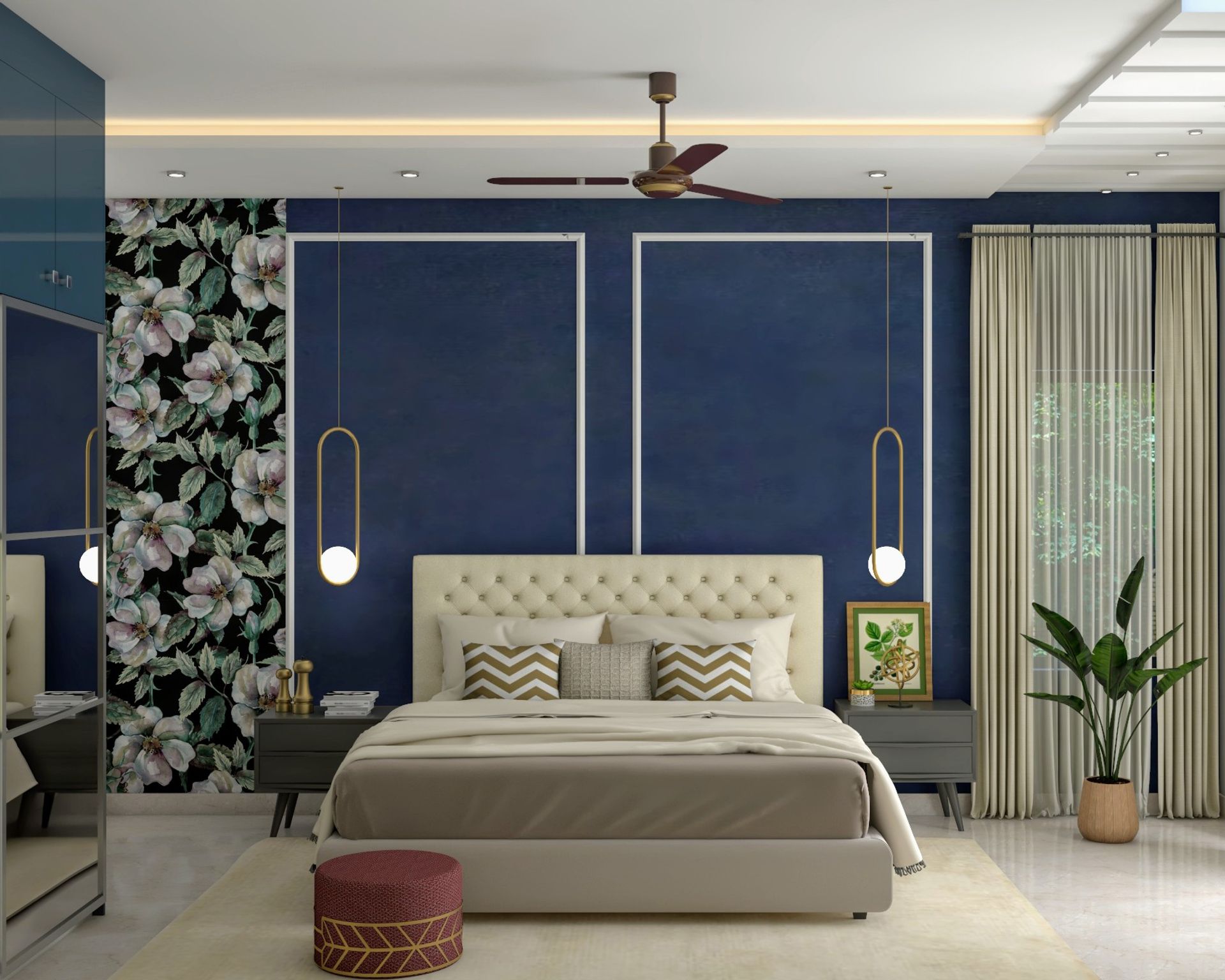 Bedroom Dark Blue And White Wall Design With Floral Wallpaper | Livspace