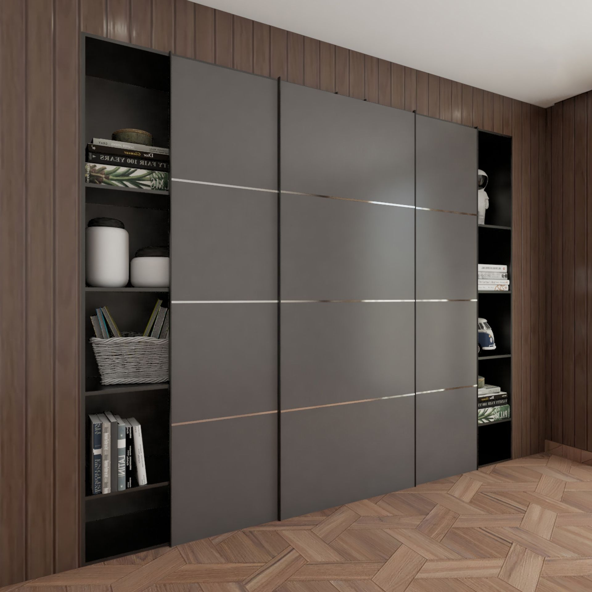Gothic Grey Contemporary 3-Door Sliding Wardrobe With Black Shelves ...