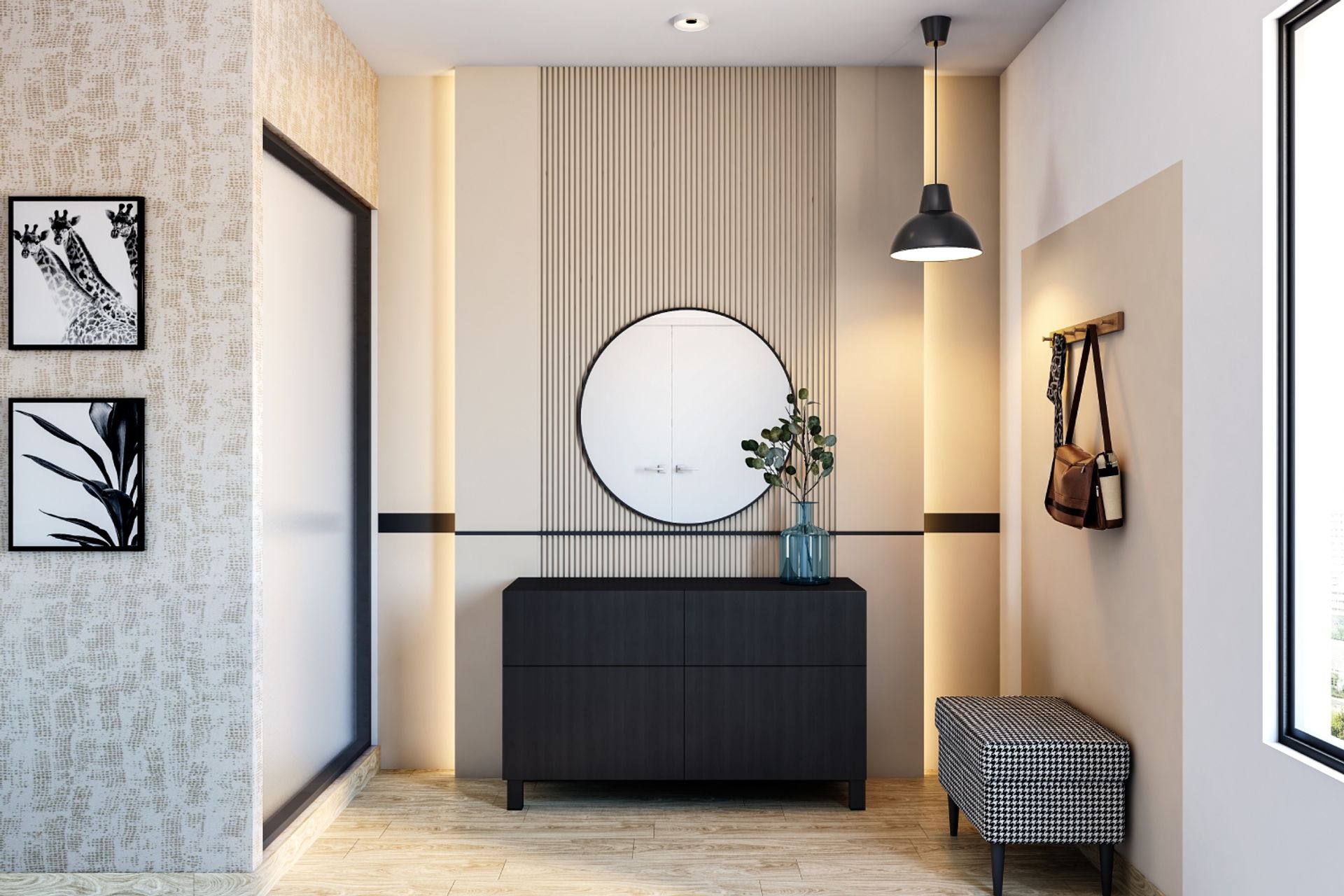 Spacious Beige And Dark Wood Foyer Design With Panelled Wall And ...