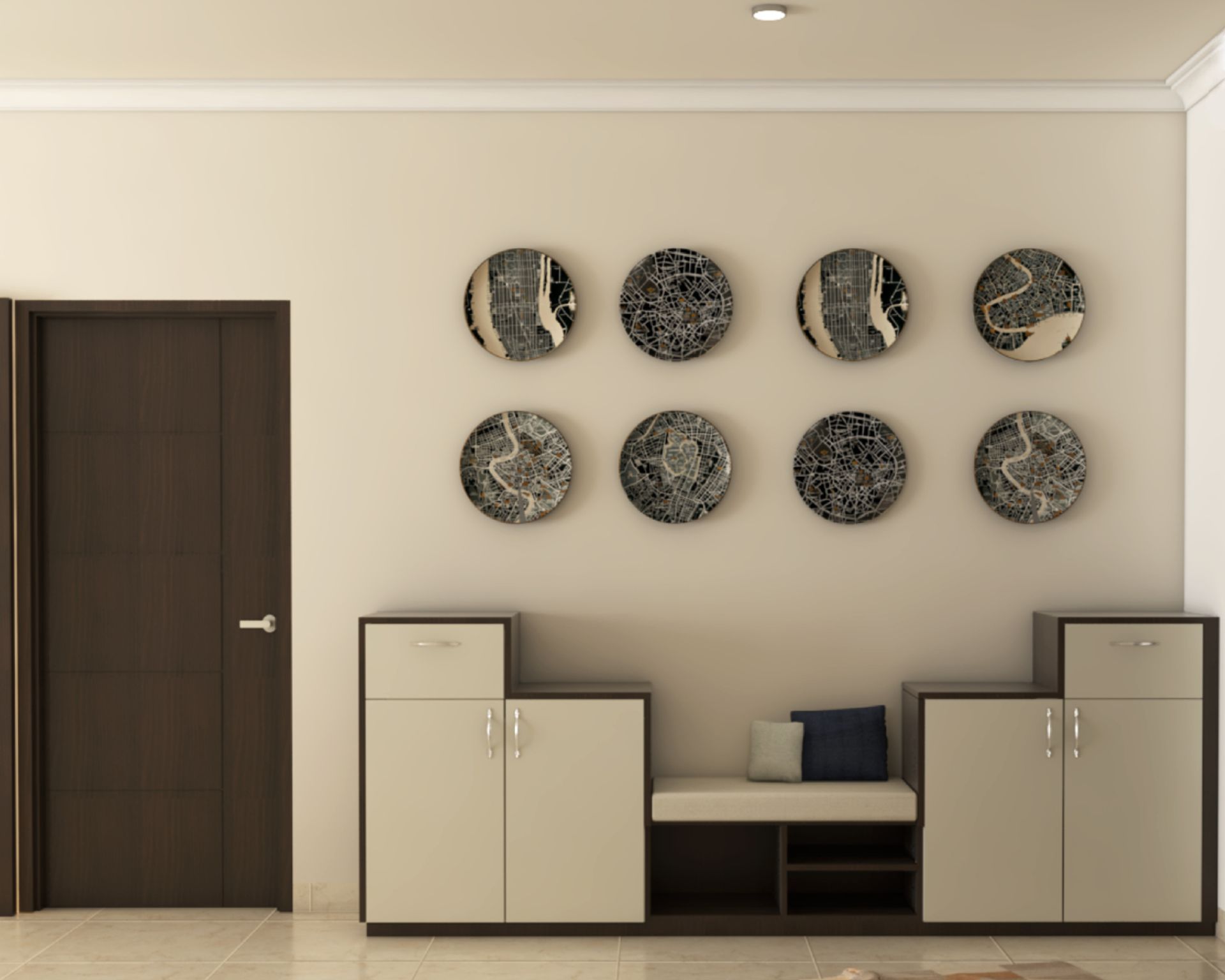 Champagne-Toned Foyer Design With Stepped Storage Unit And Plated Wall ...