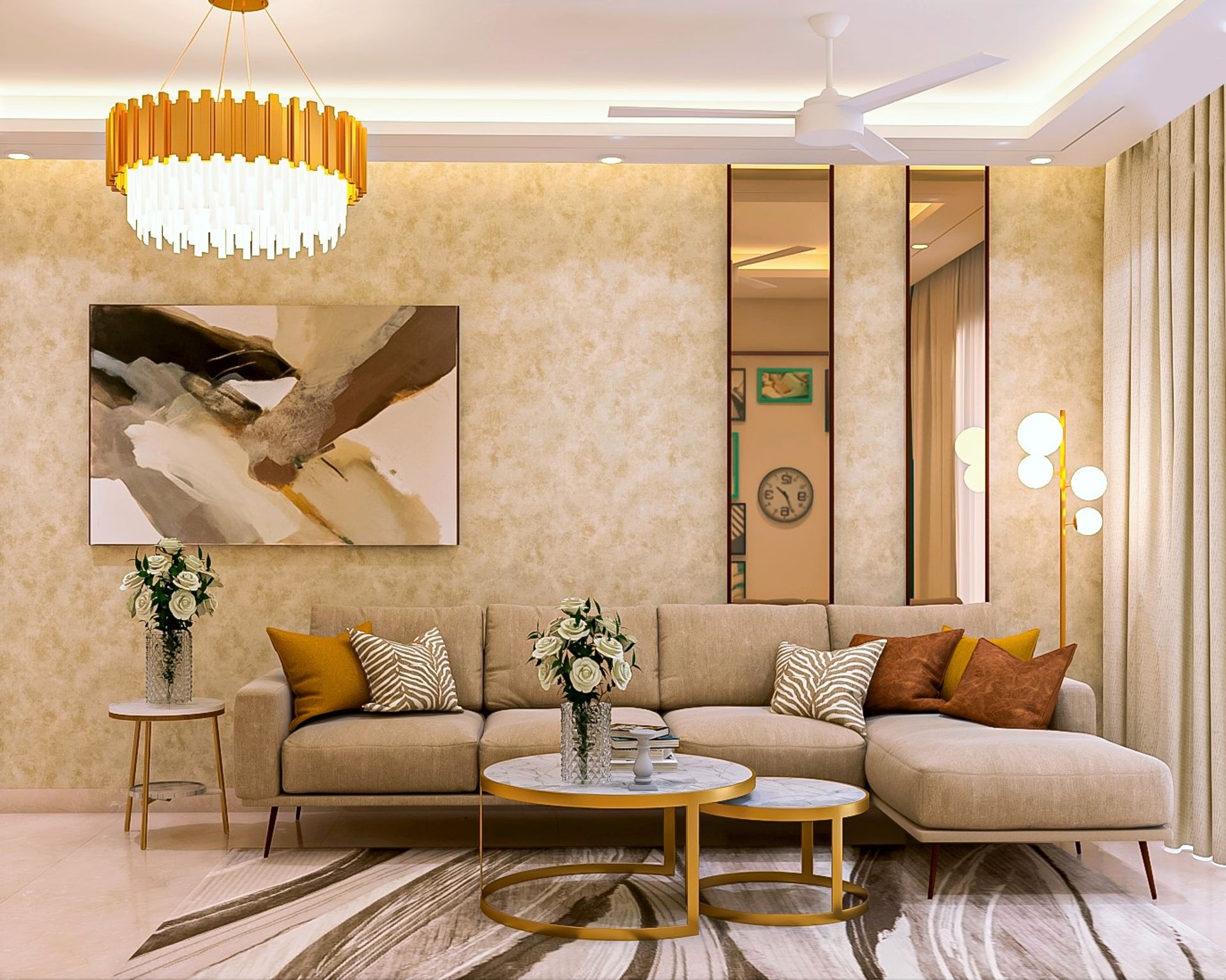 Textured Beige Wallpaper Design For Living Rooms | Livspace