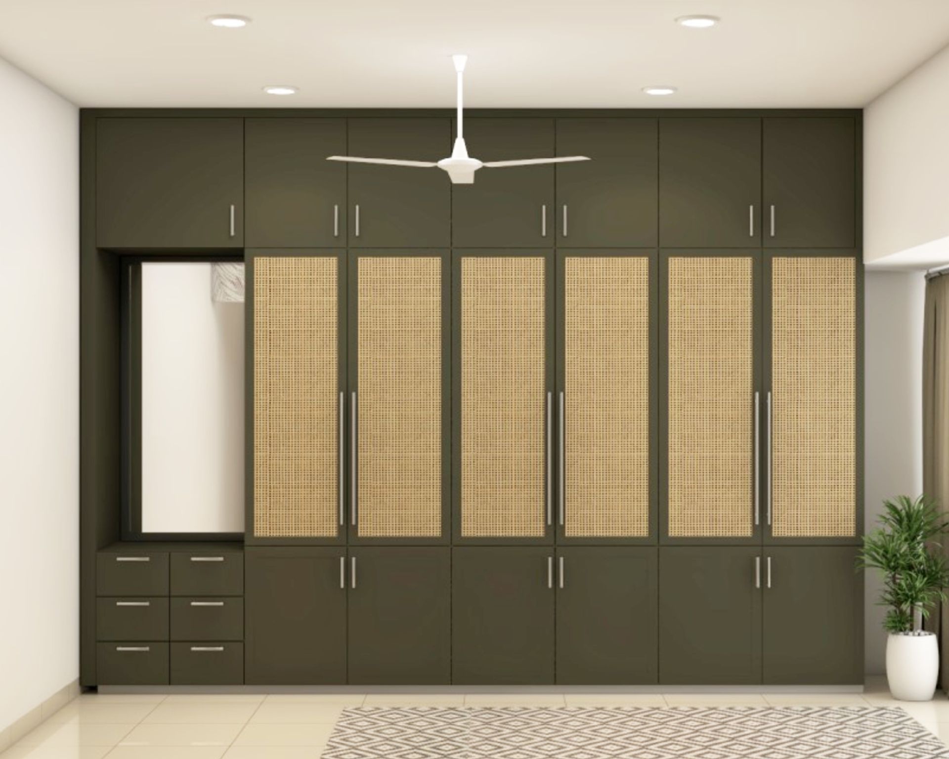 6-Door Dark Green And Rattan Wardrobe Design With Loft Storage And ...