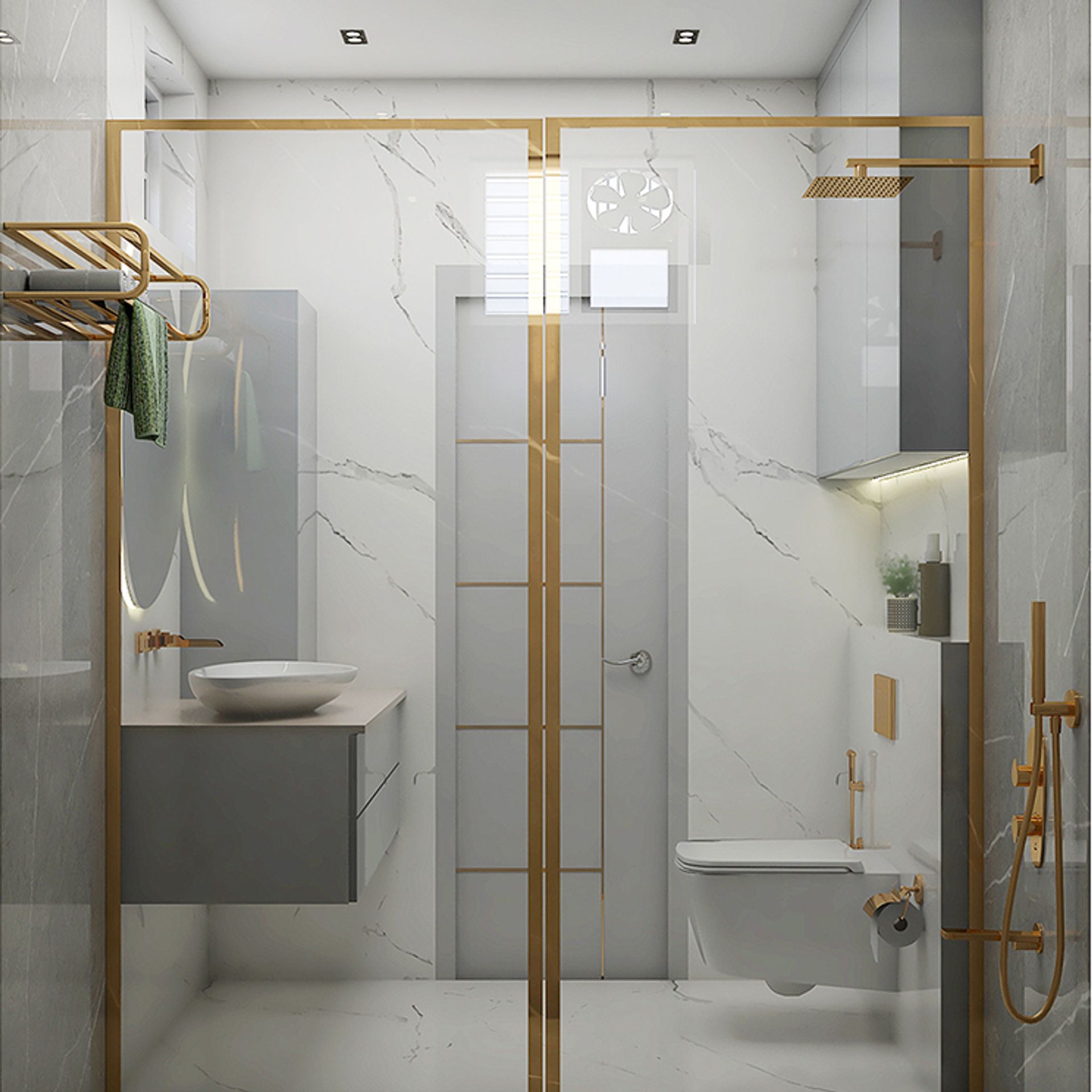 Contemporary Bathroom with Lit Up Store and Marble Tiles | Livspace