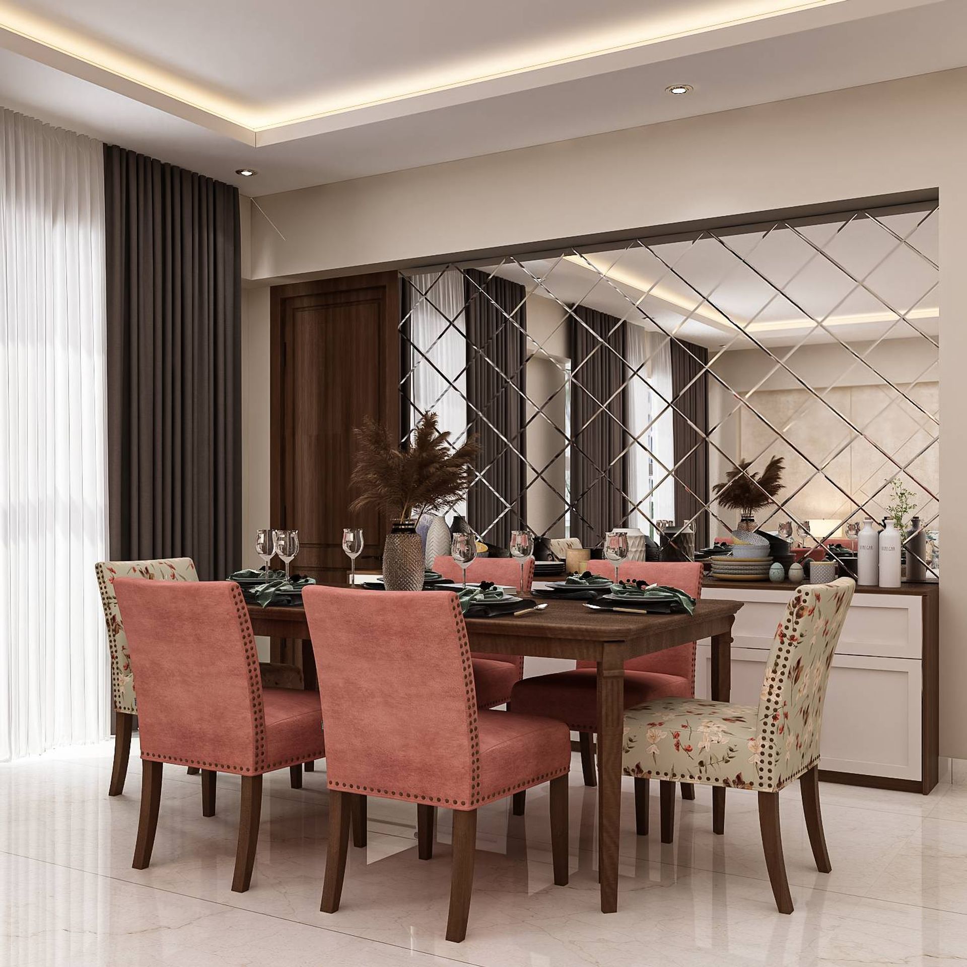 Spacious Dining Hall Design With A 6-Seater Table | Livspace