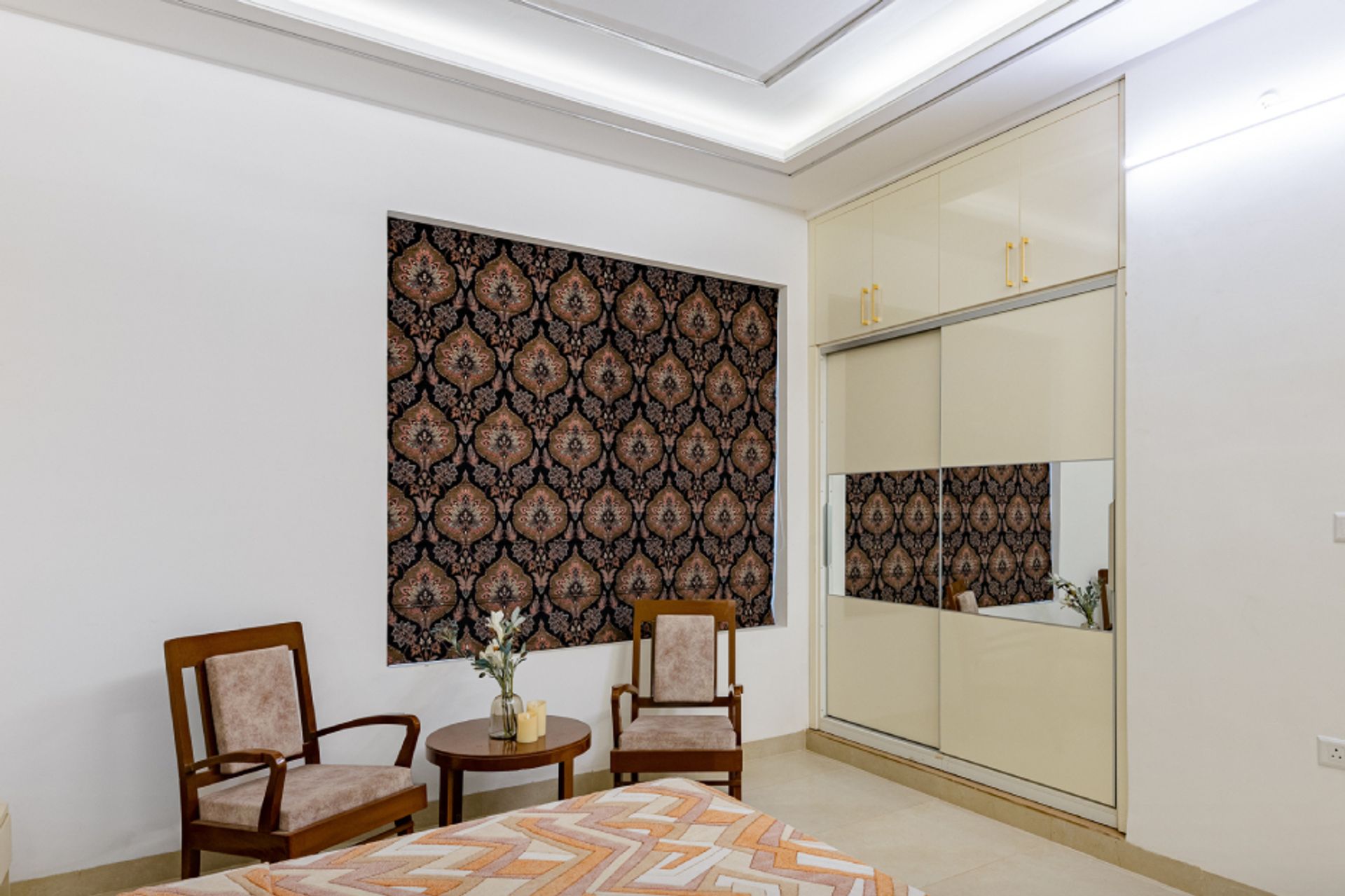 White Themed False Ceiling With Wallpaper | Livspace