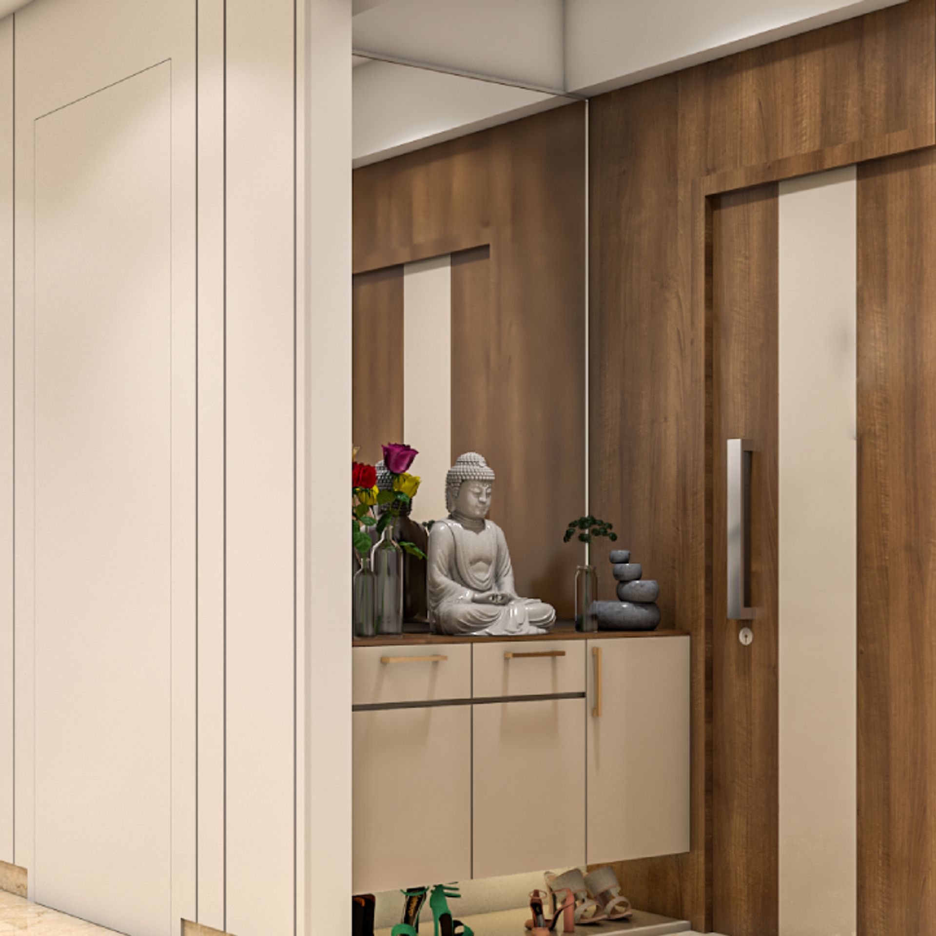 Compact Foyer Design With A Full Wall Mirror | Livspace