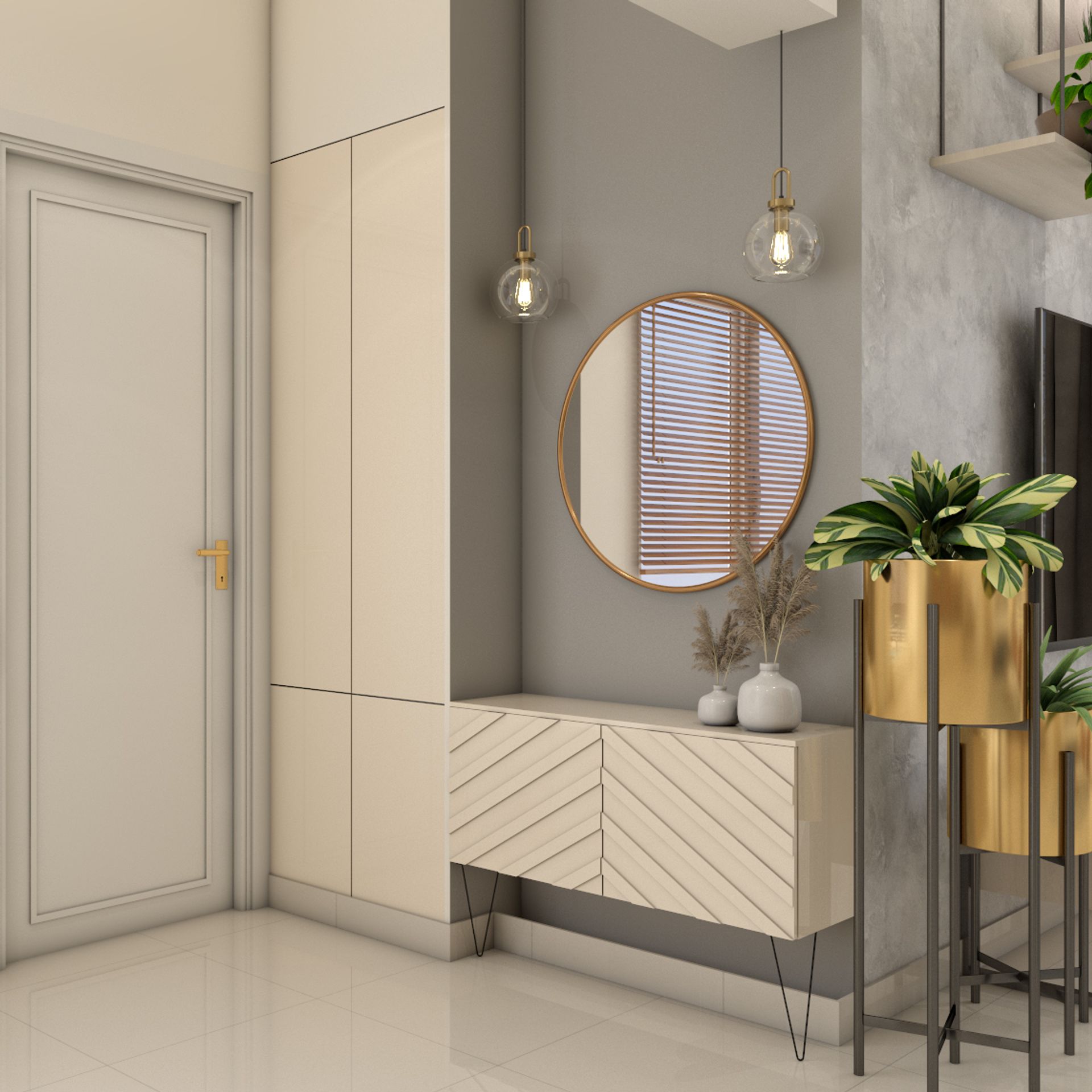 Budget Friendly Foyer Design With Storage And Mirror | Livspace