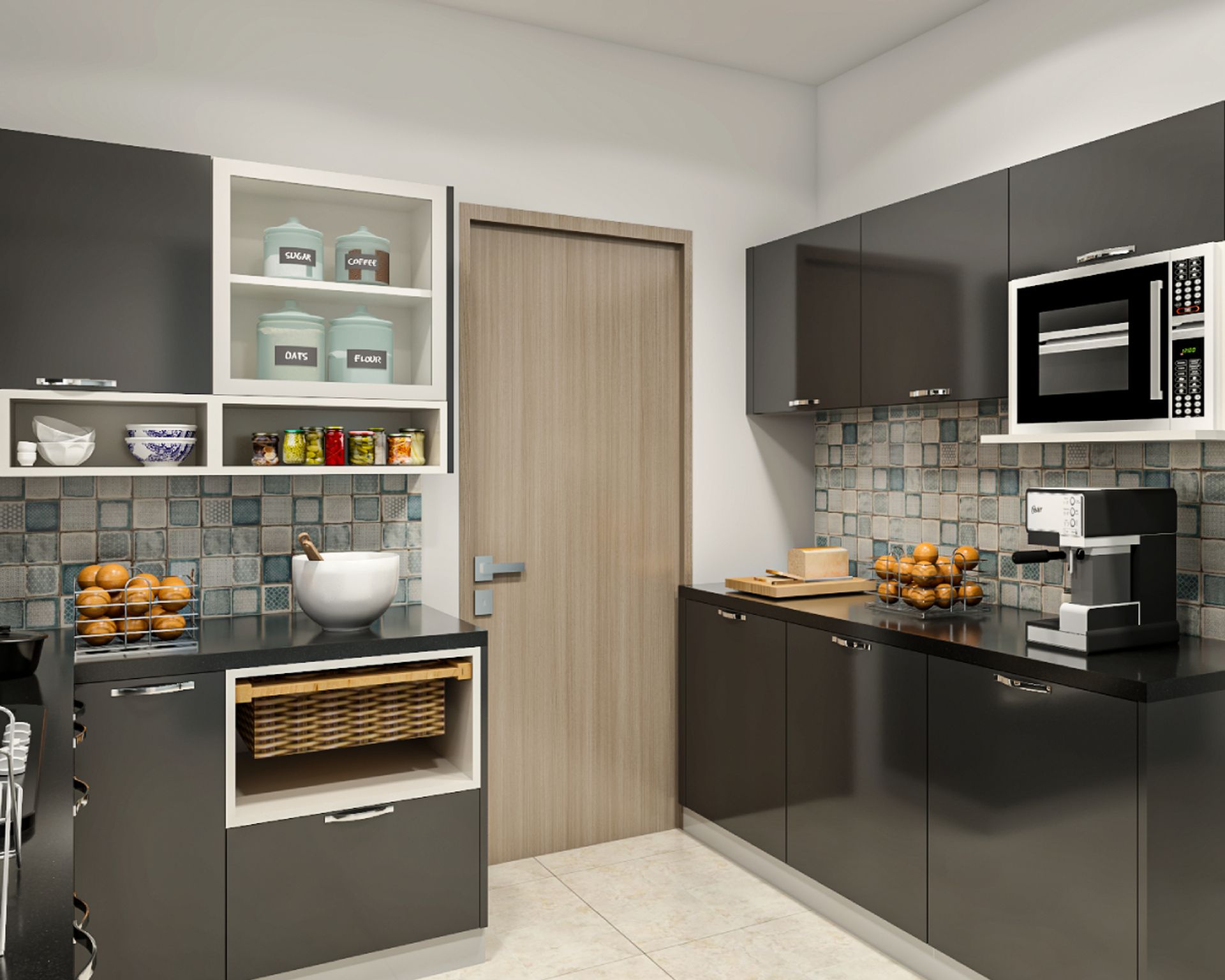 Compact Kitchen Design With Blue And Grey Patterned Wall Dado Tiles ...