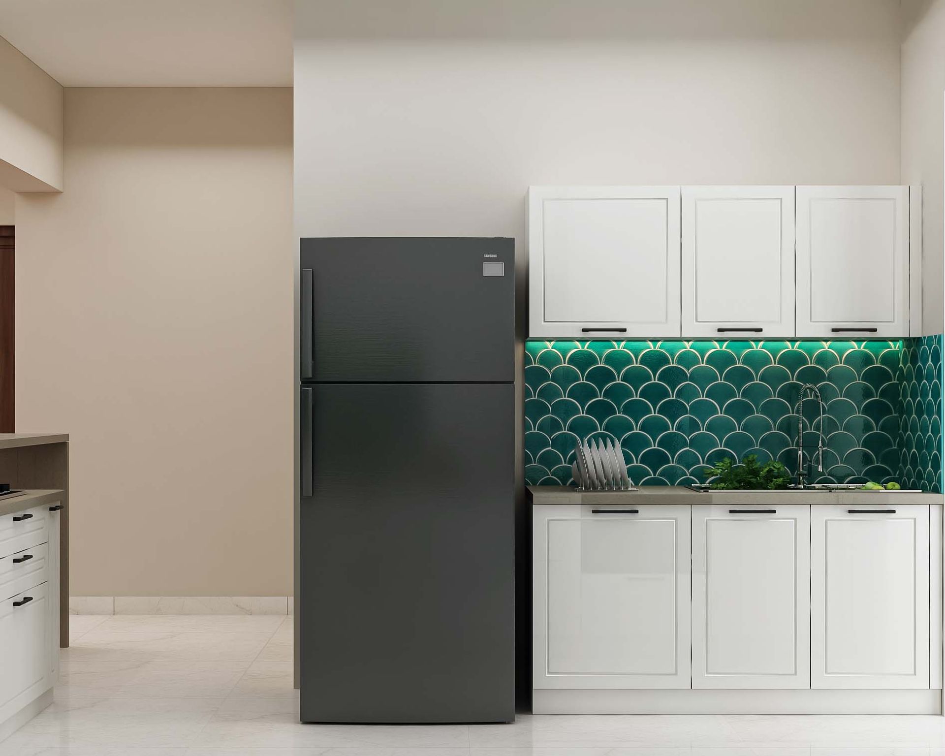 Spacious L-Shaped Indian Kitchen Design In White And Sea Green | Livspace