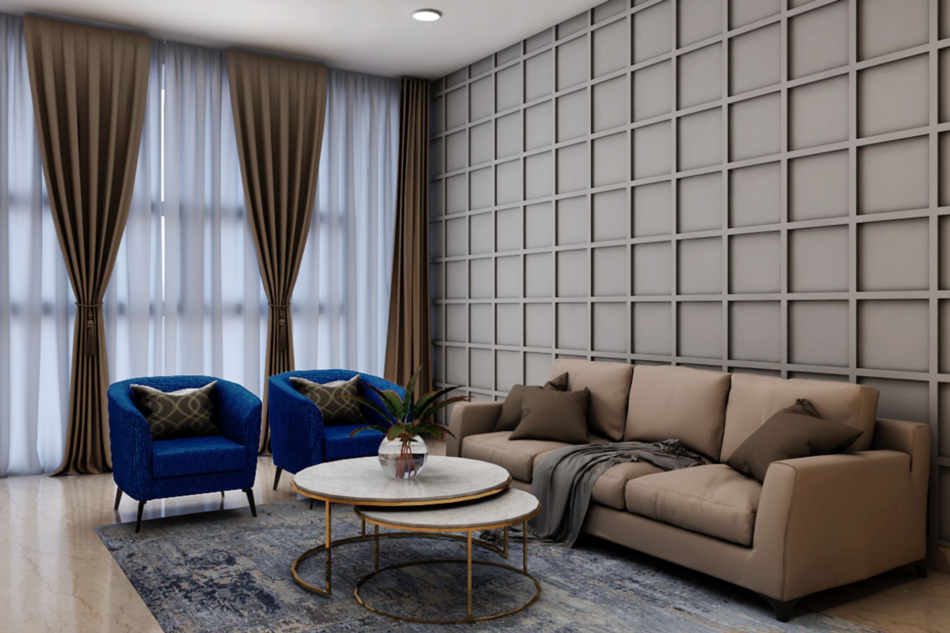 Compact Living Room Design With Checkered Wall Panelling | Livspace