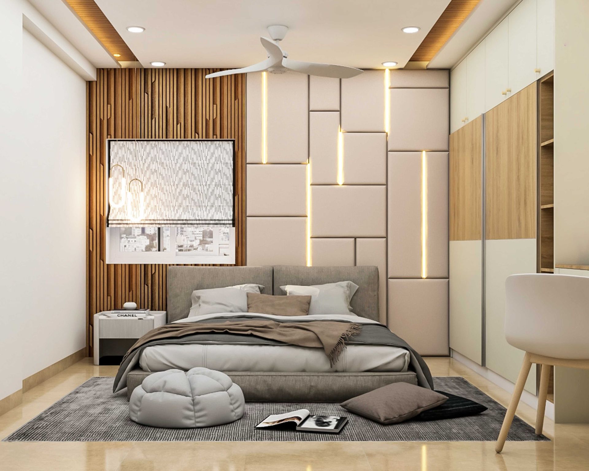 Spacious Master Bedroom Design With Beige And Wood Wall Design | Livspace