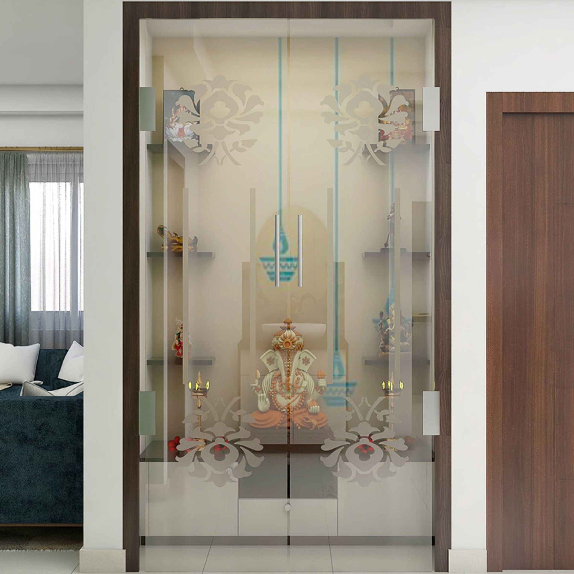 Spacious Mandir Design With Beige Wall Paint | Livspace