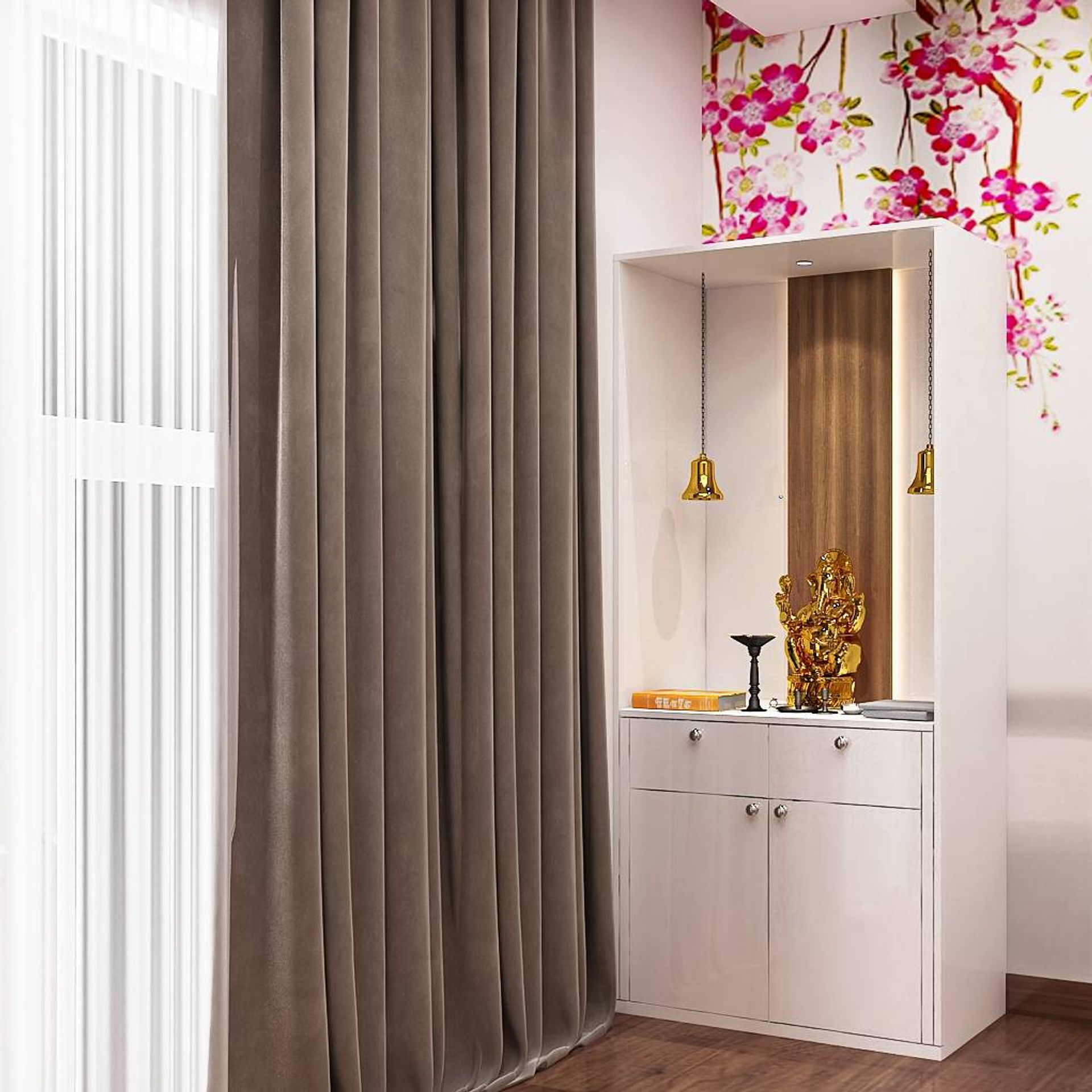 White Mandir Design With Wooden Touches And Hanging Bells | Livspace