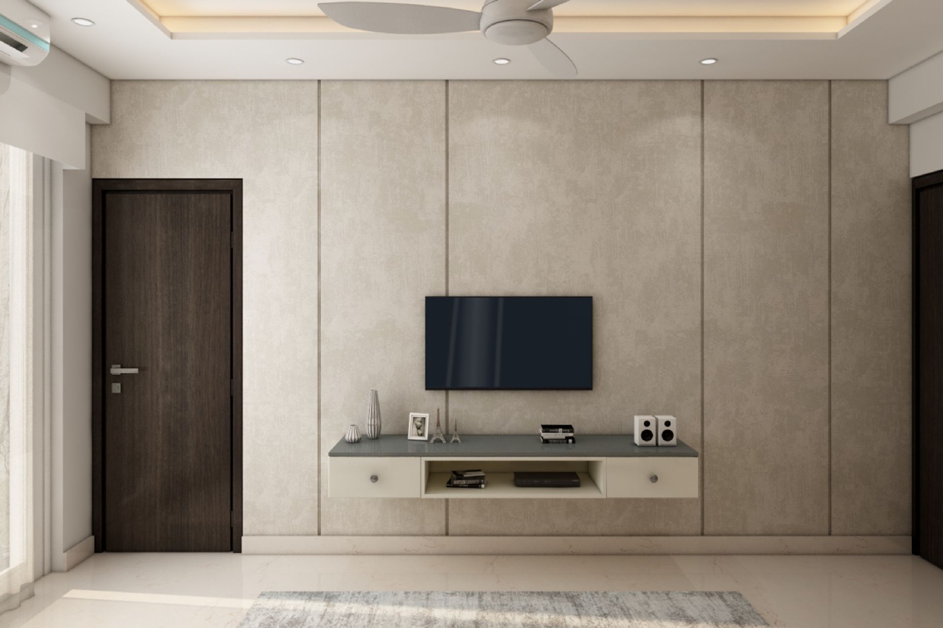 Compact TV Unit Design With Cream And Grey Countertop | Livspace