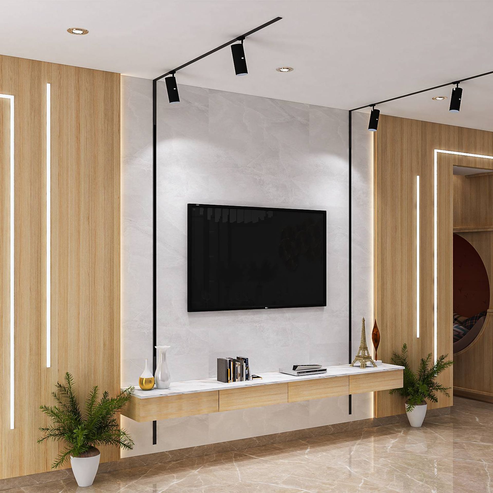 Spacious TV Unit With Overhead Track Lights | Livspace
